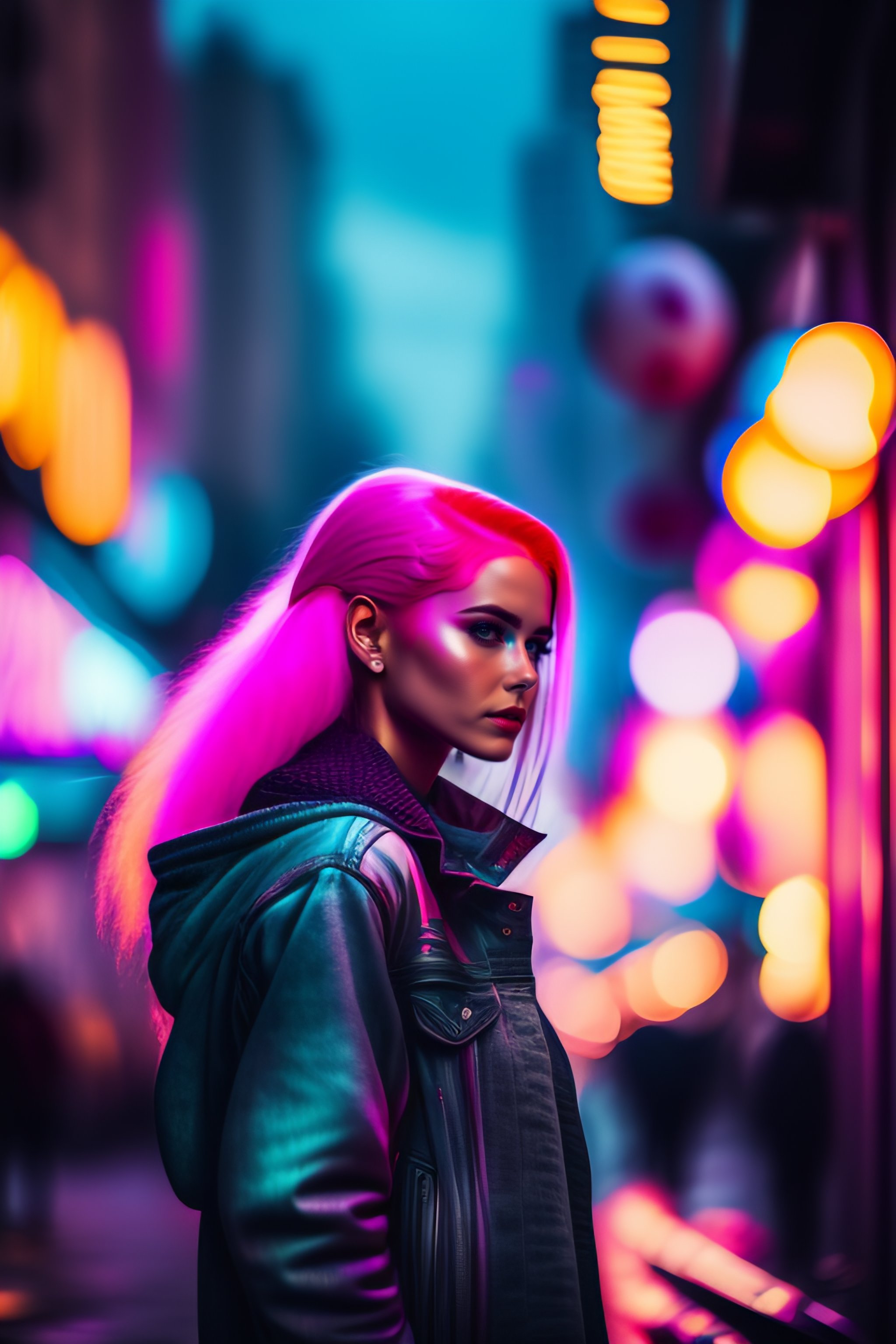 Lexica - Wide angle environmental shot of girl with pink hair in dirty ...