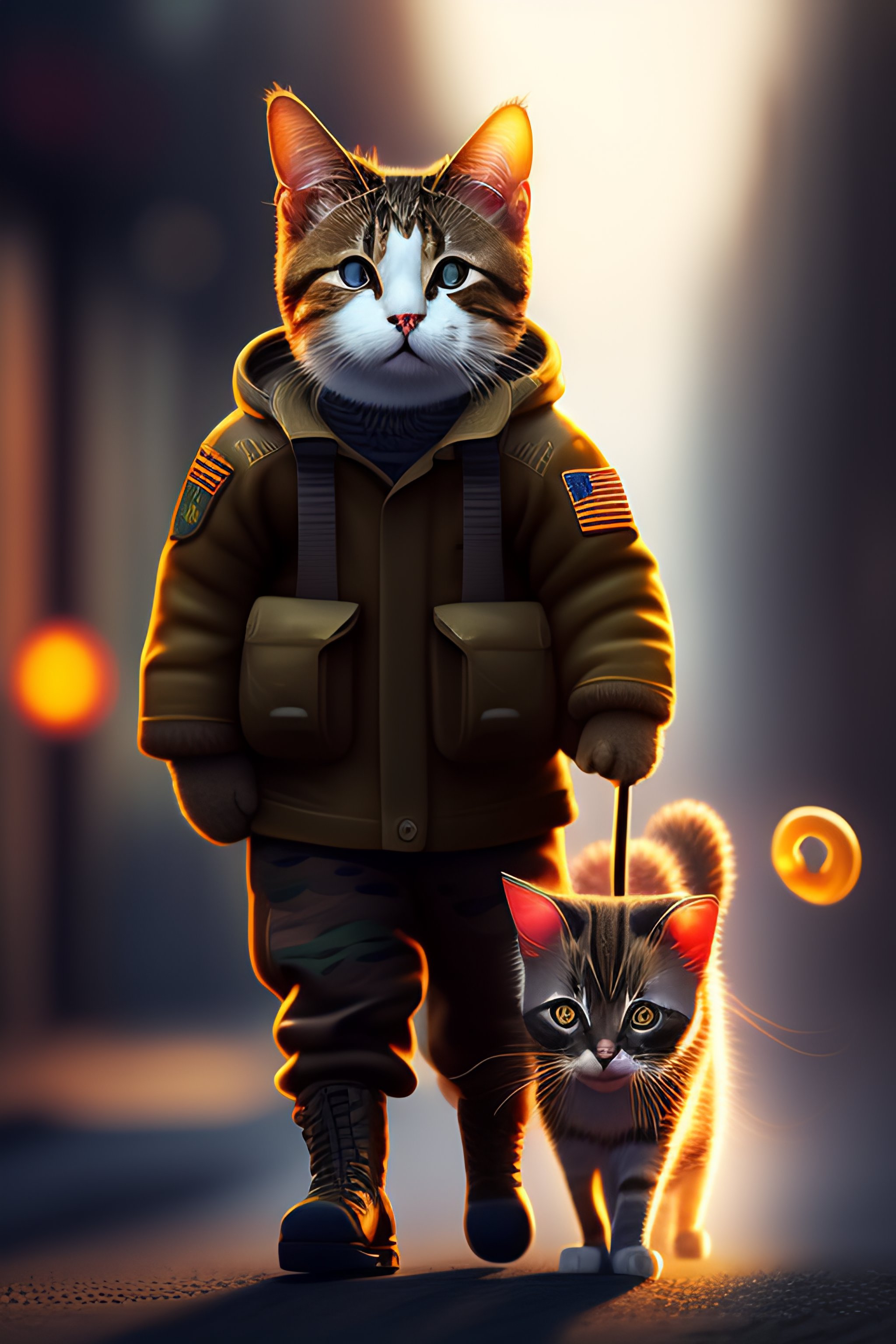 Lexica - A cat eating a military rat with a machine gun walking with a ...