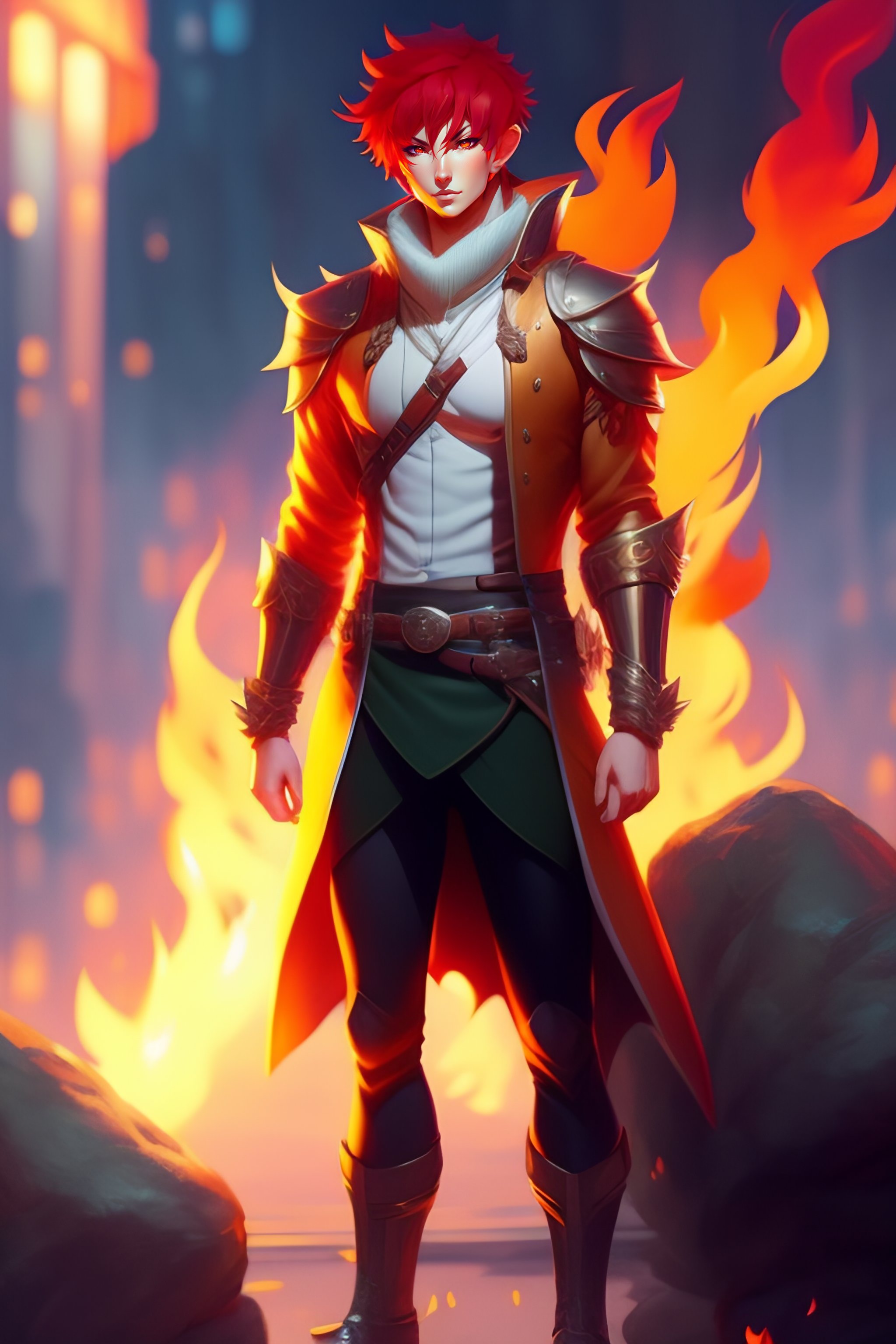 Lexica - Full body, from above, rogue male elf, red hair, marilyn monroe style, doe eyes, fire ...