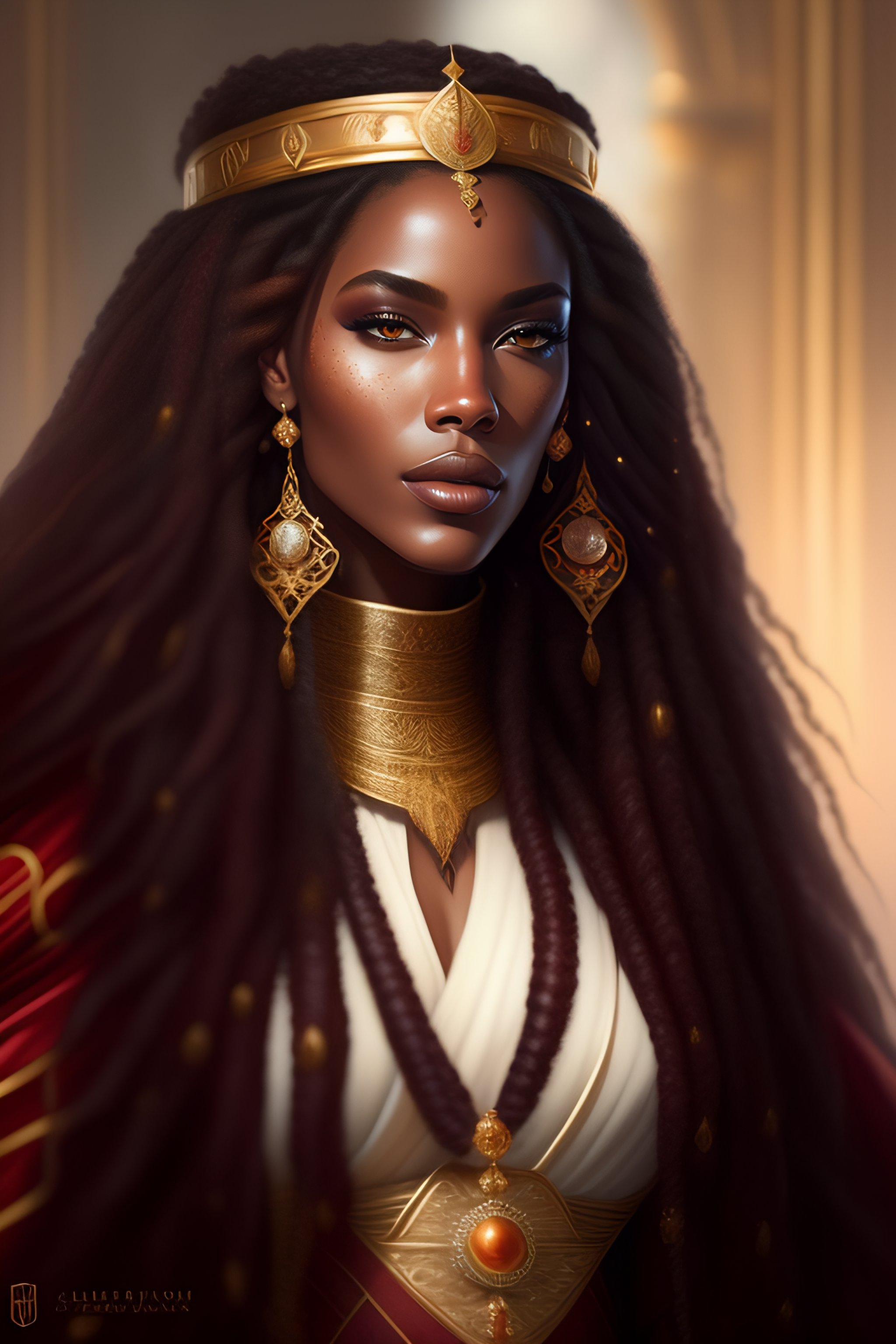 Lexica - Portrait of a queen with long marsala color dreadlocks, royal ...