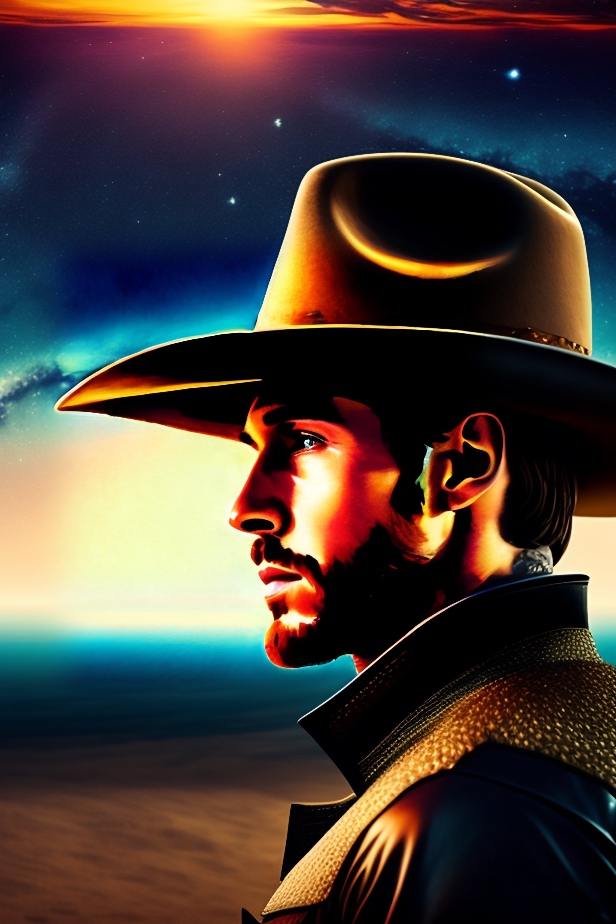 Lexica - Leo Messi with a cowboy hat look to the horizon, distant ...