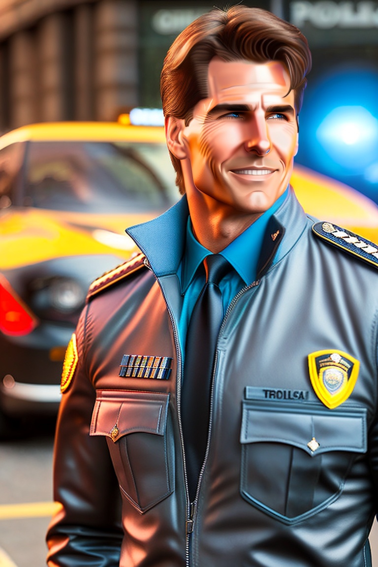 Lexica - Tom cruise in a police costume, standing in front of police car.