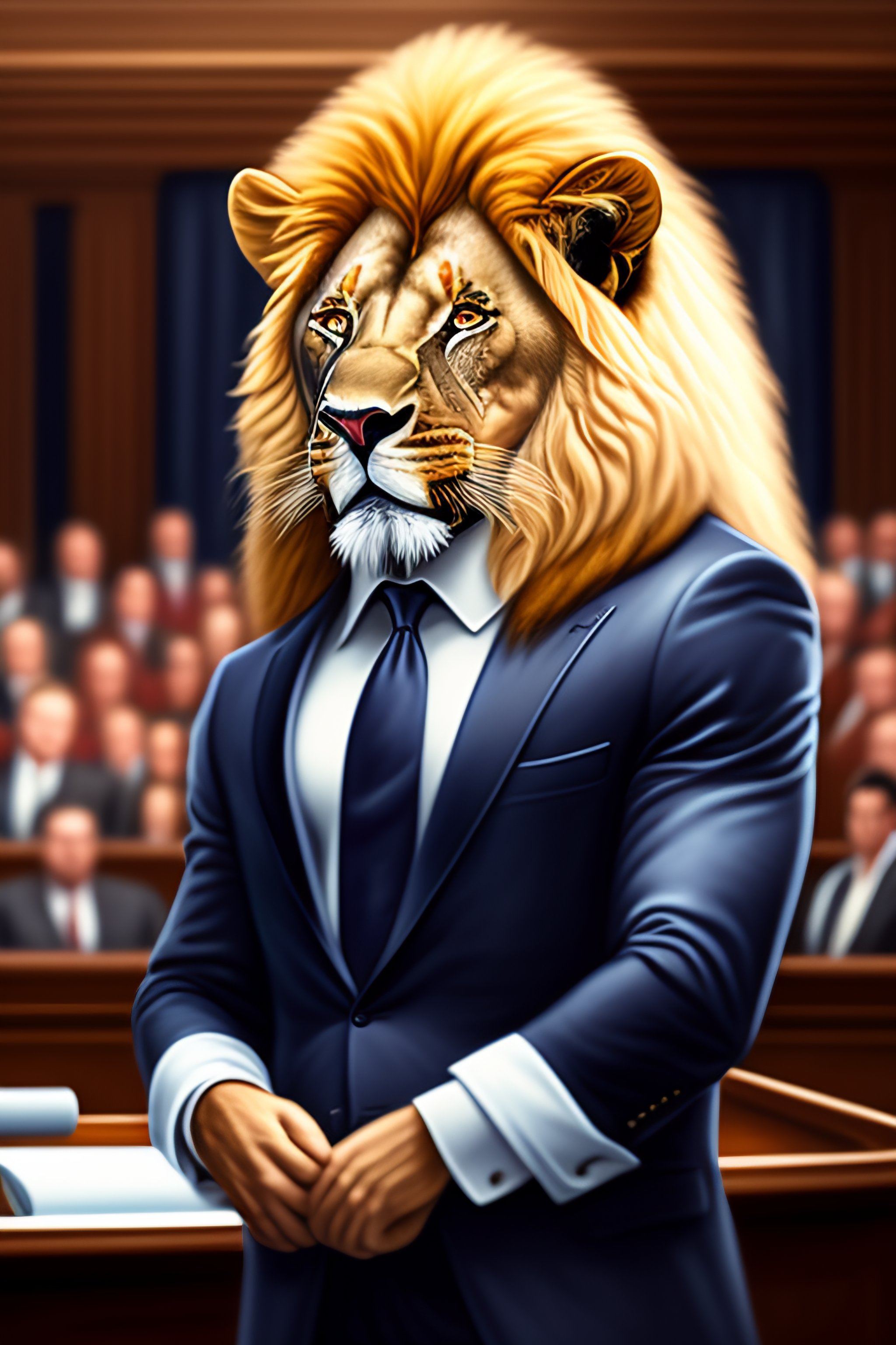 Lexica - Award-winning photo of a lion lawyer standing in court, navy ...