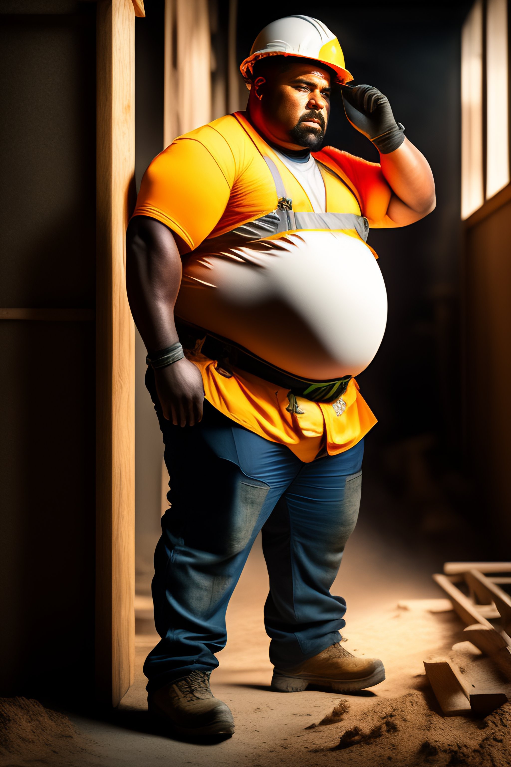 Lexica - A construction worker with a large belly, amateur photo