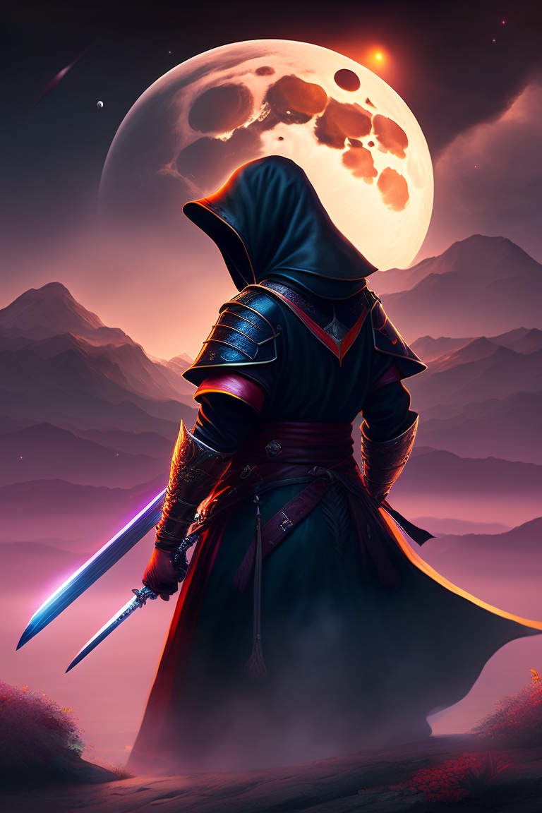 Lexica - Assassin, night, Crescent moon, ninja, sword, center field ...