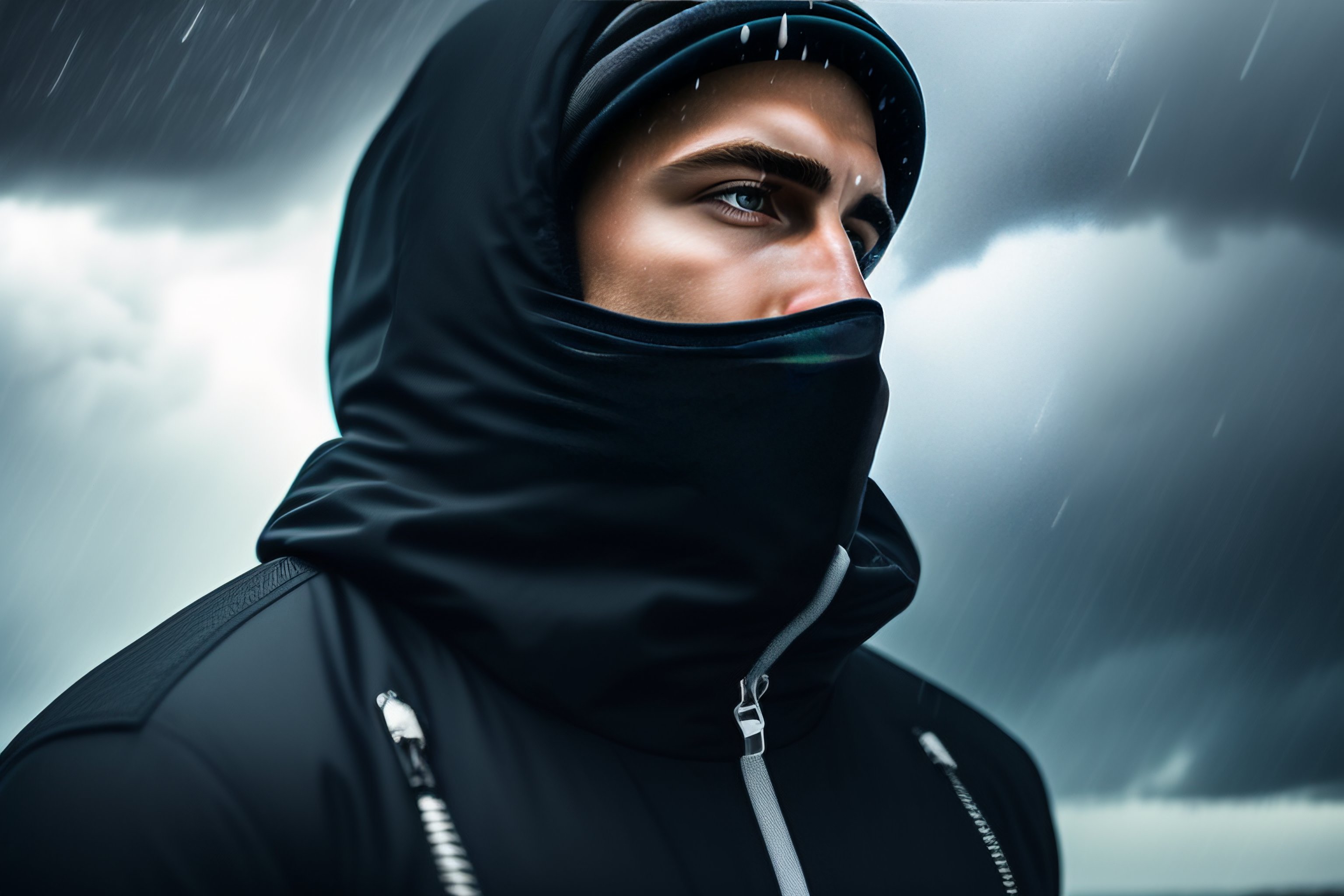 Lexica - White Drill rapper with balaclava standing in a thunderstorm