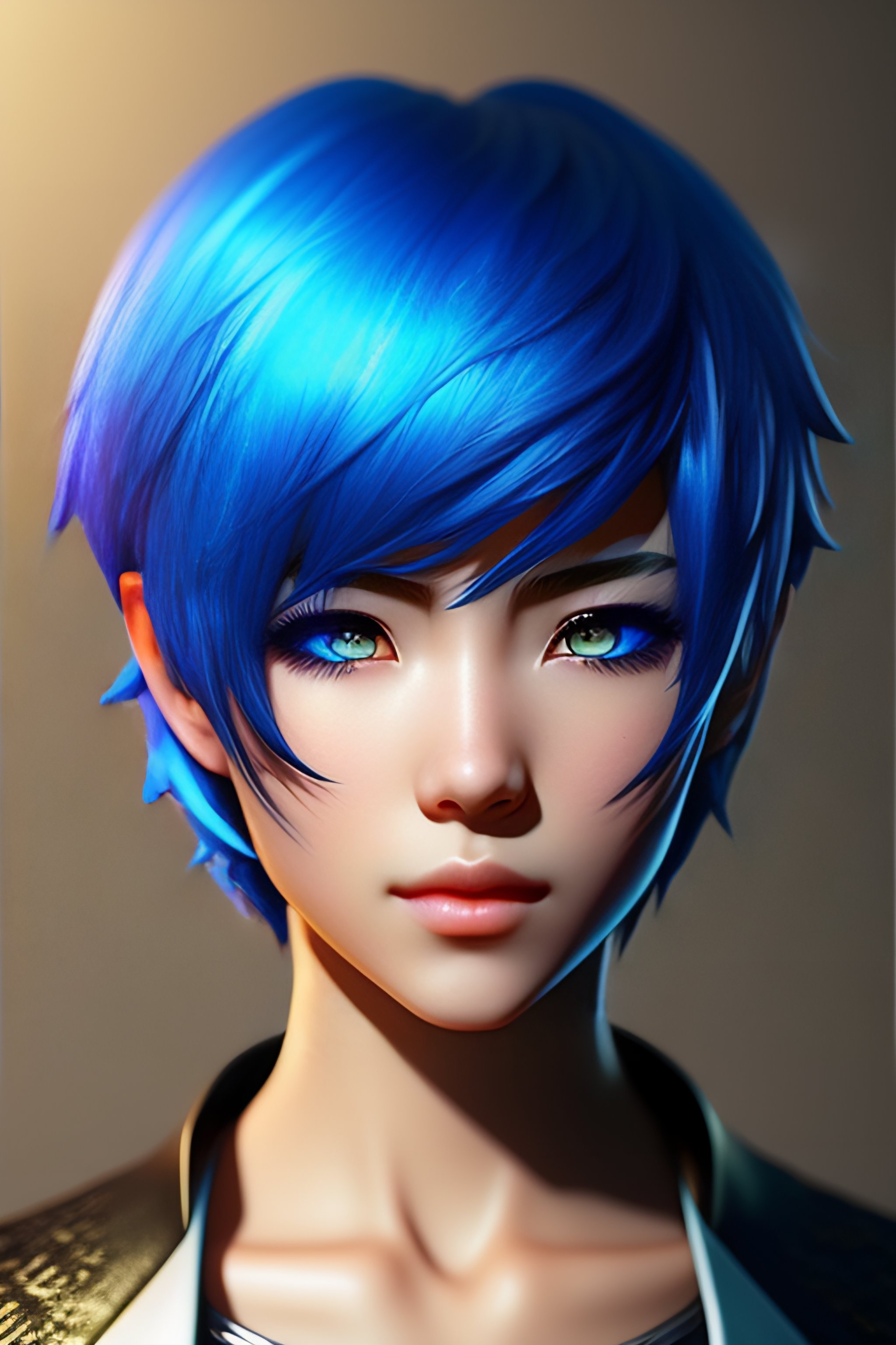 Lexica - Portrait of an anime character hyper realistic blue hair gold eyes