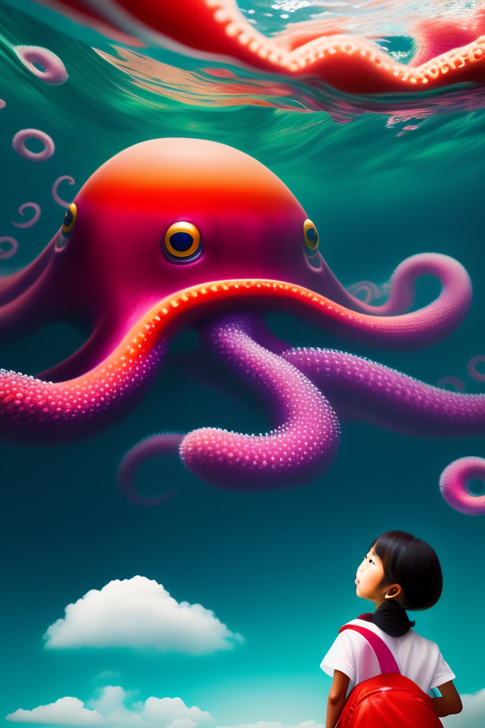 Lexica - Japanese schoolgirl fighting giant octopus