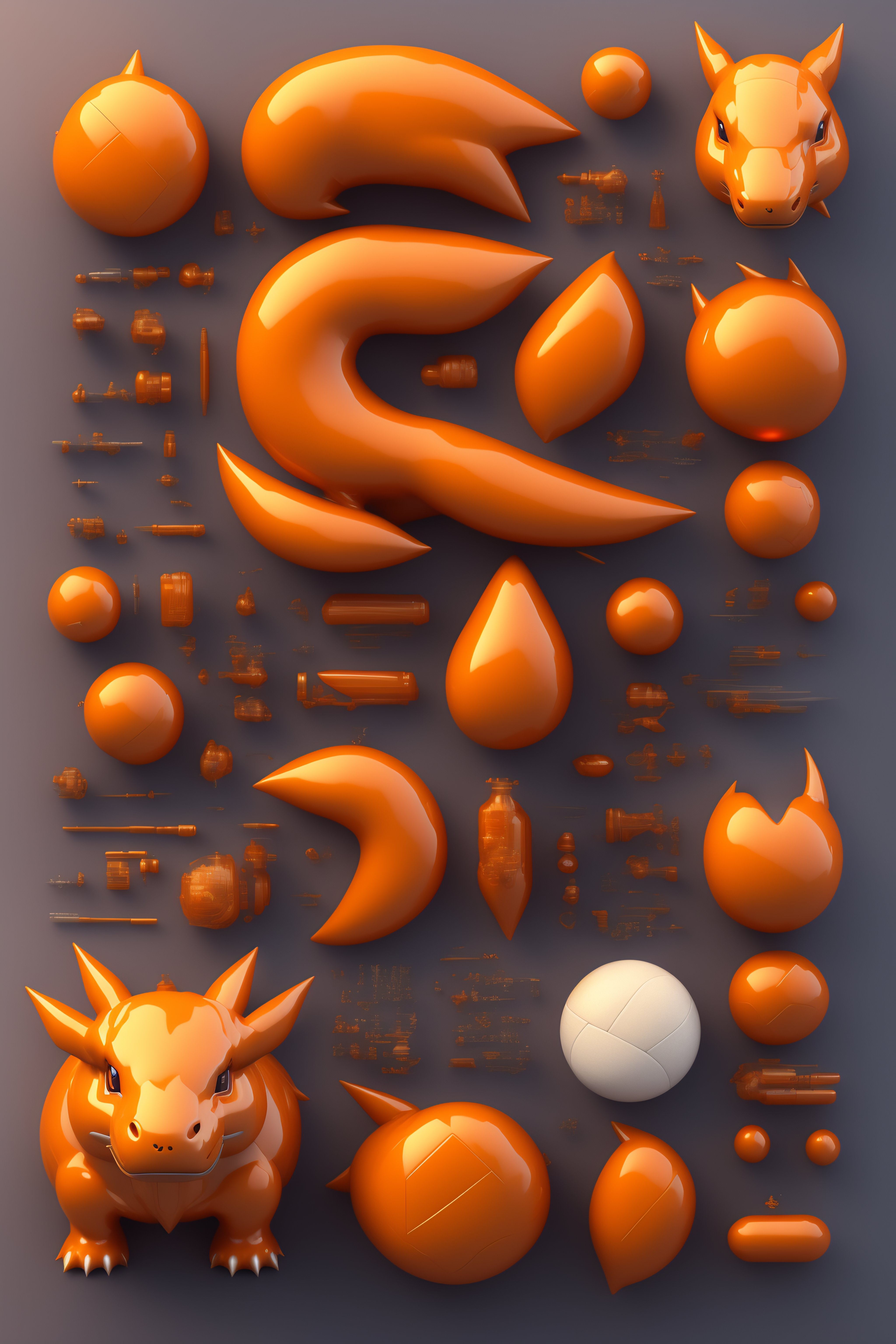 Lexica - Charizard , Knolling, Deconstruction body parts, pokeballs ...