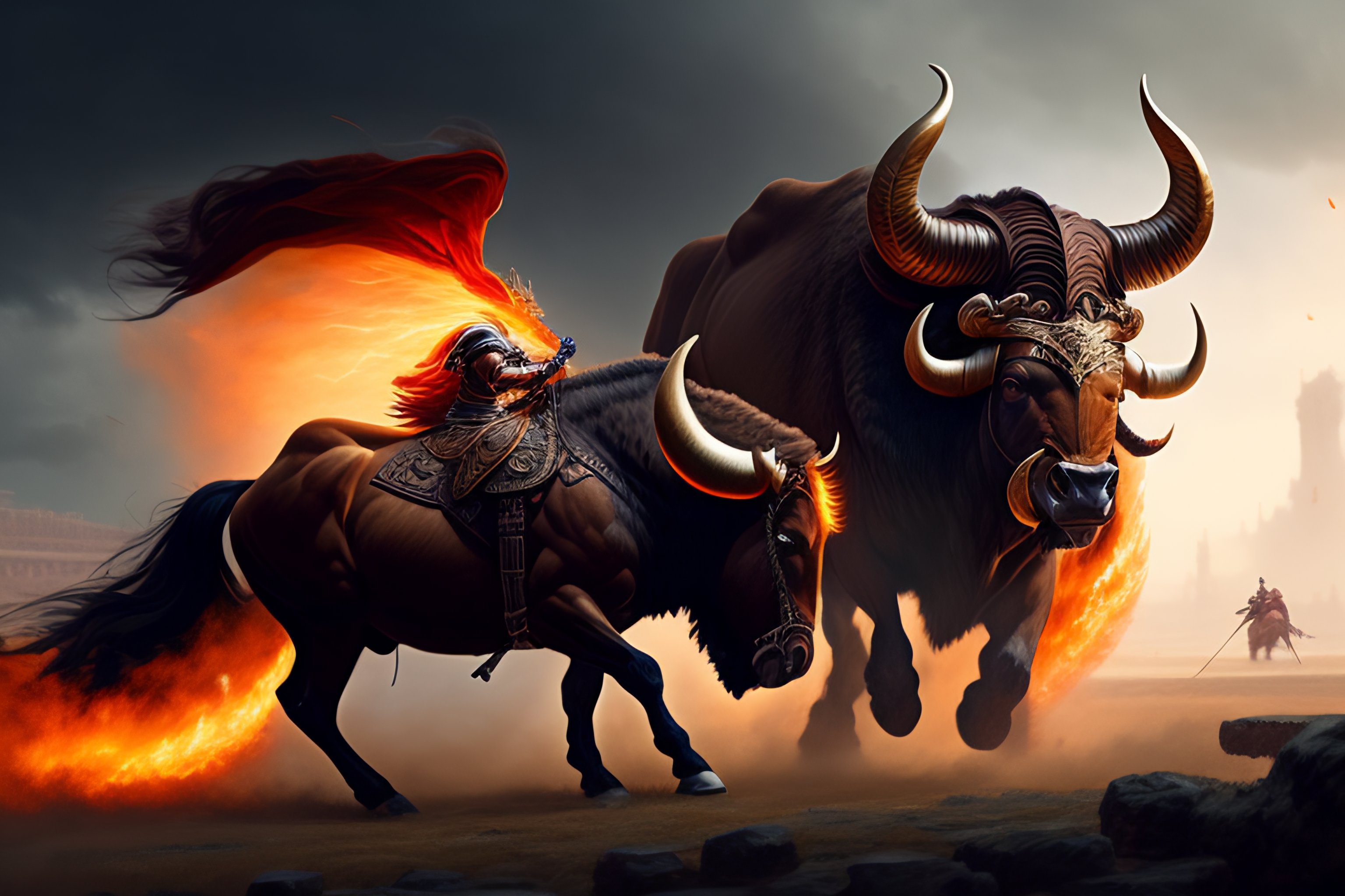 Lexica - A spartan gladiator fighting a charging longhorns armored ...