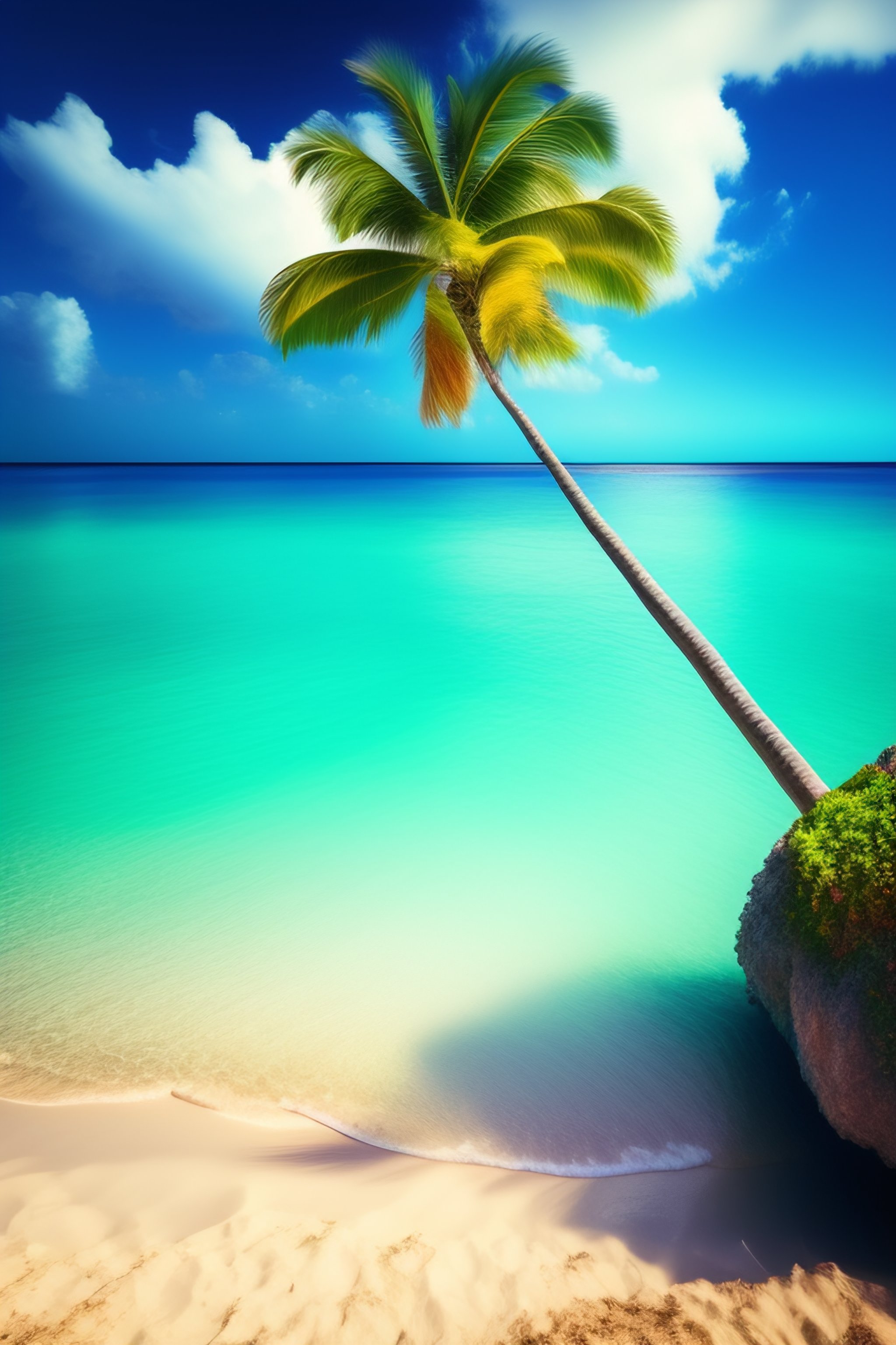 Lexica - Palm tree dipping into ocean, orchid in the white sand beach ...