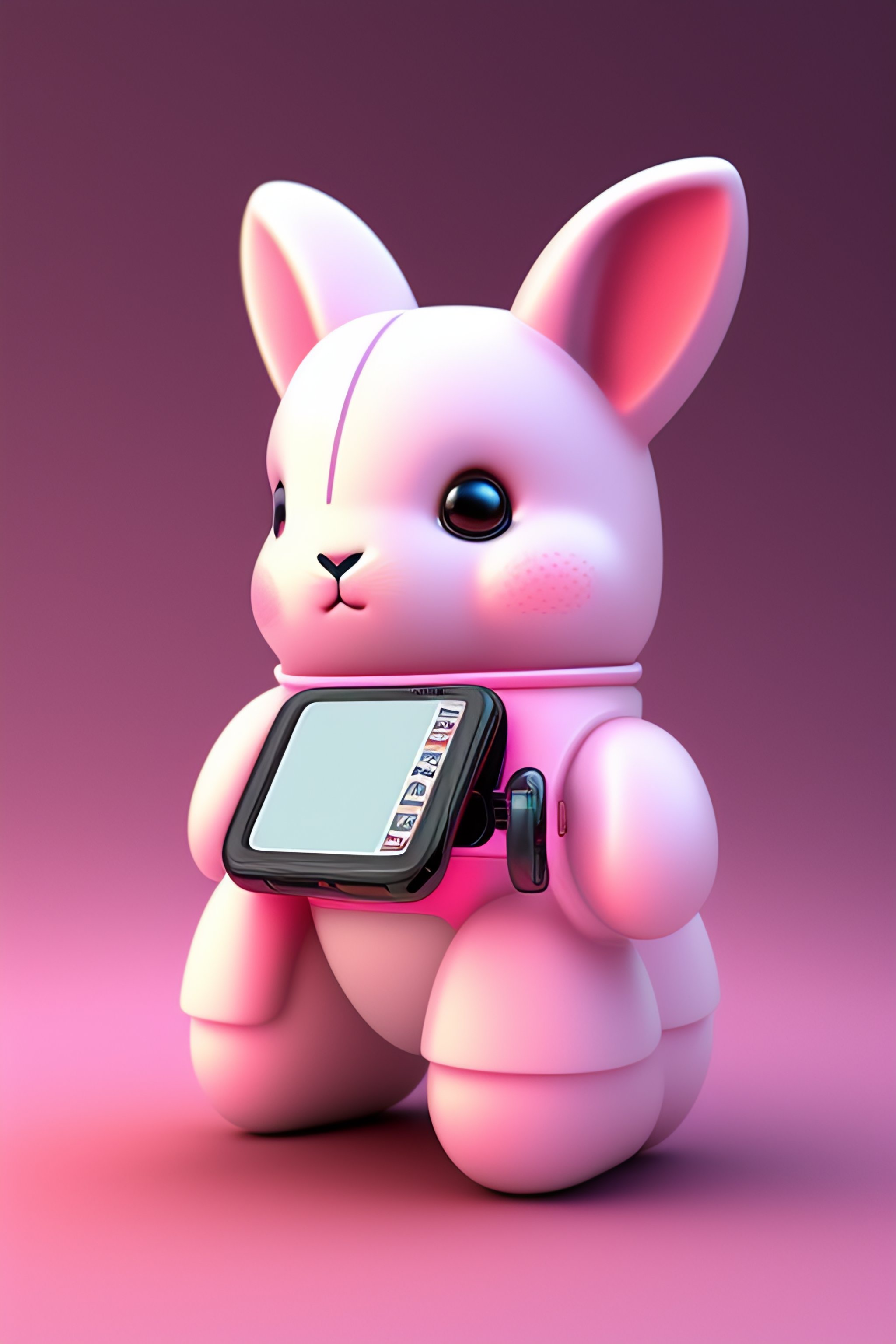 Lexica - Soft Pink Bunny robot working on a smartphone