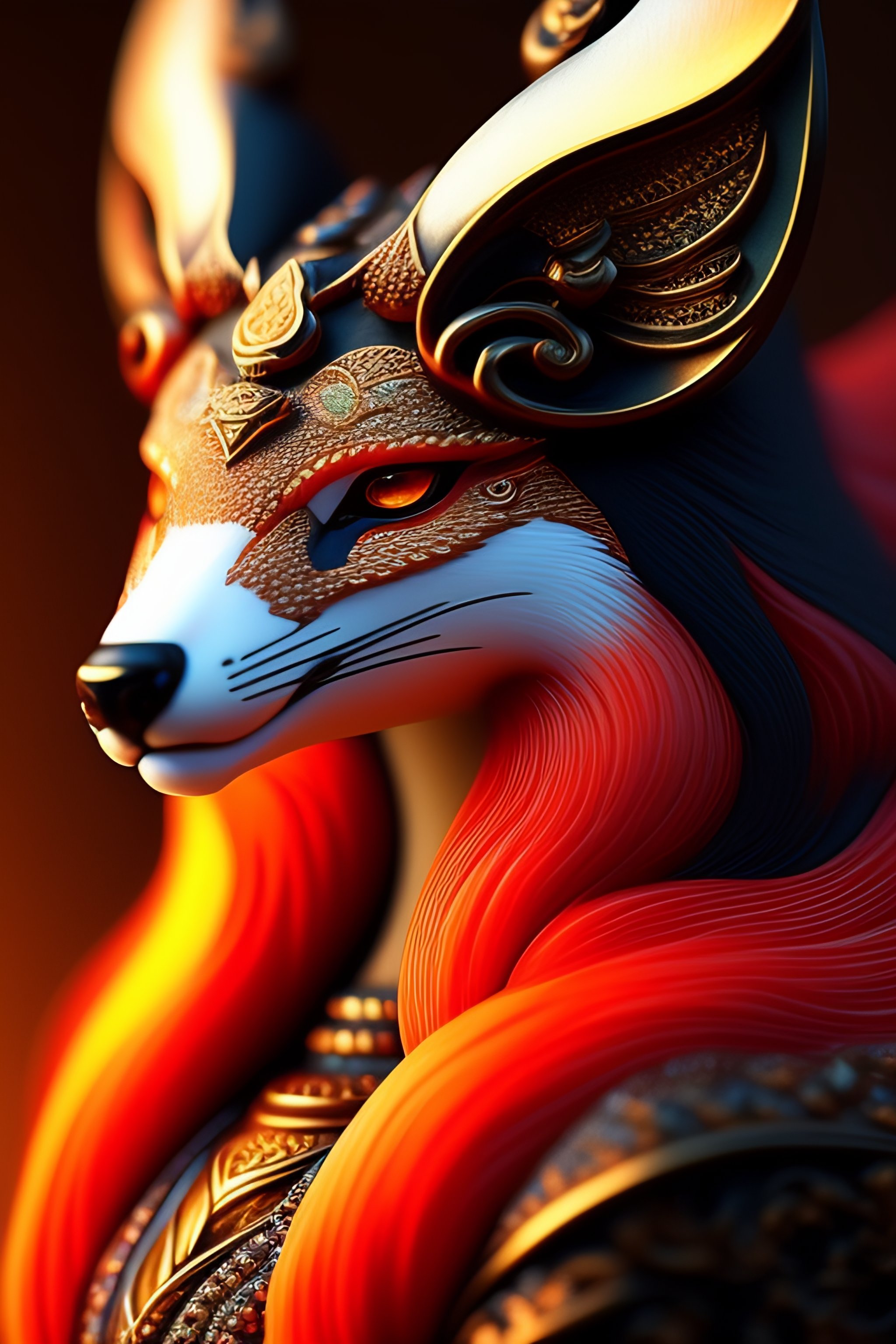 Lexica - 3 d nine tailed fox goddess close - up profile portrait with ...