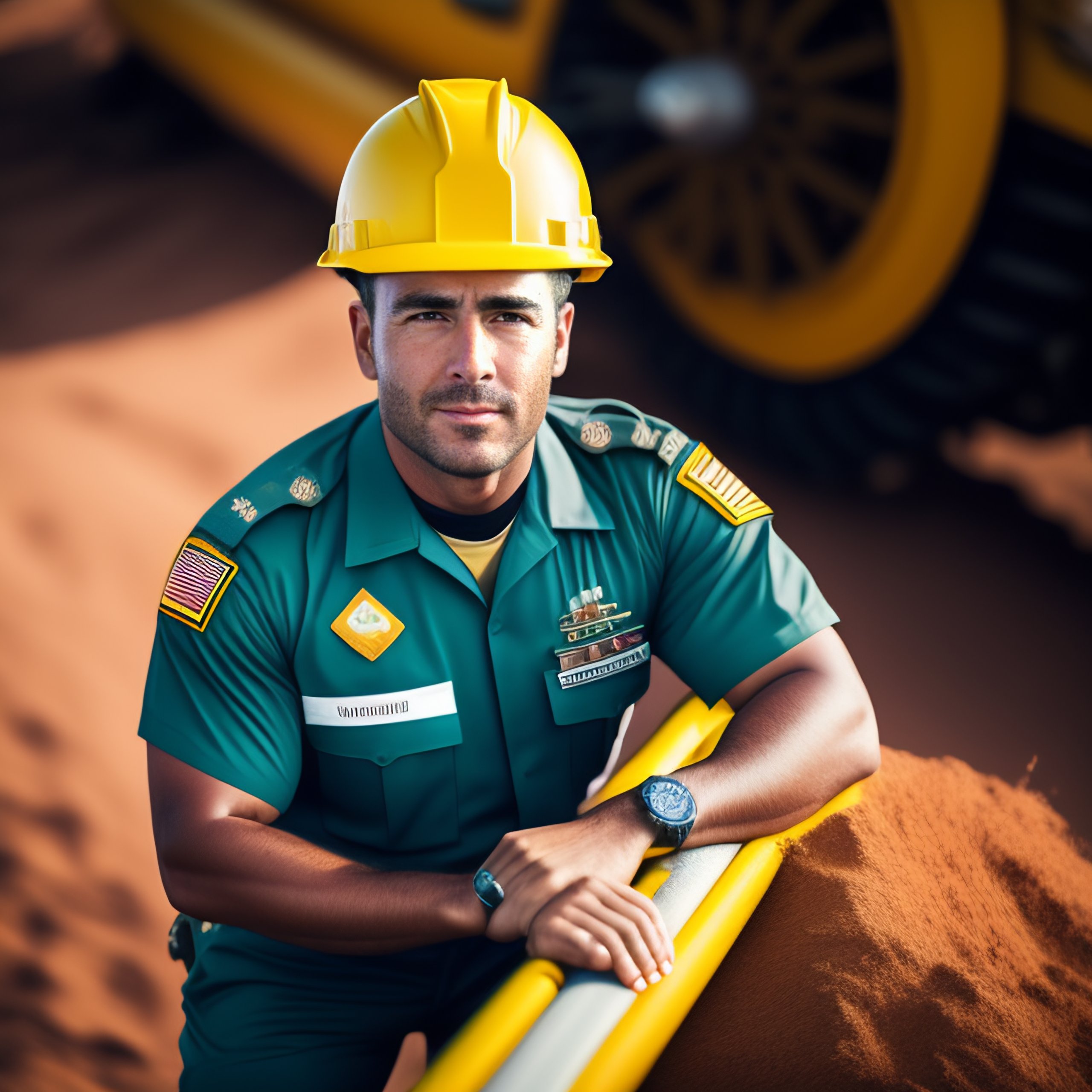 Lexica - Sitting oil rig worker in a uniform with short sleeves ...