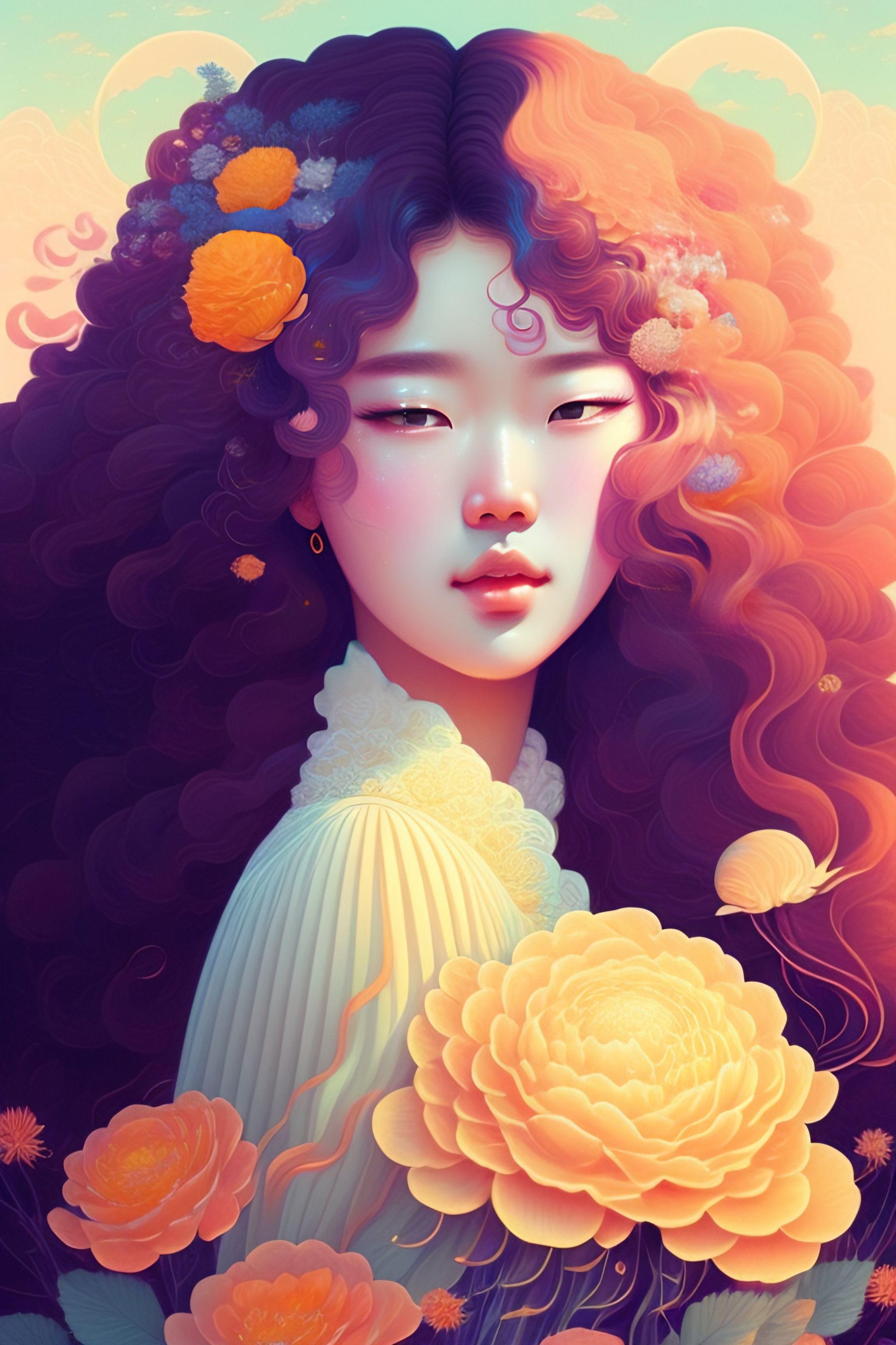 Lexica - Beautiful cute front portrait Korean ninfa, big long curly ...