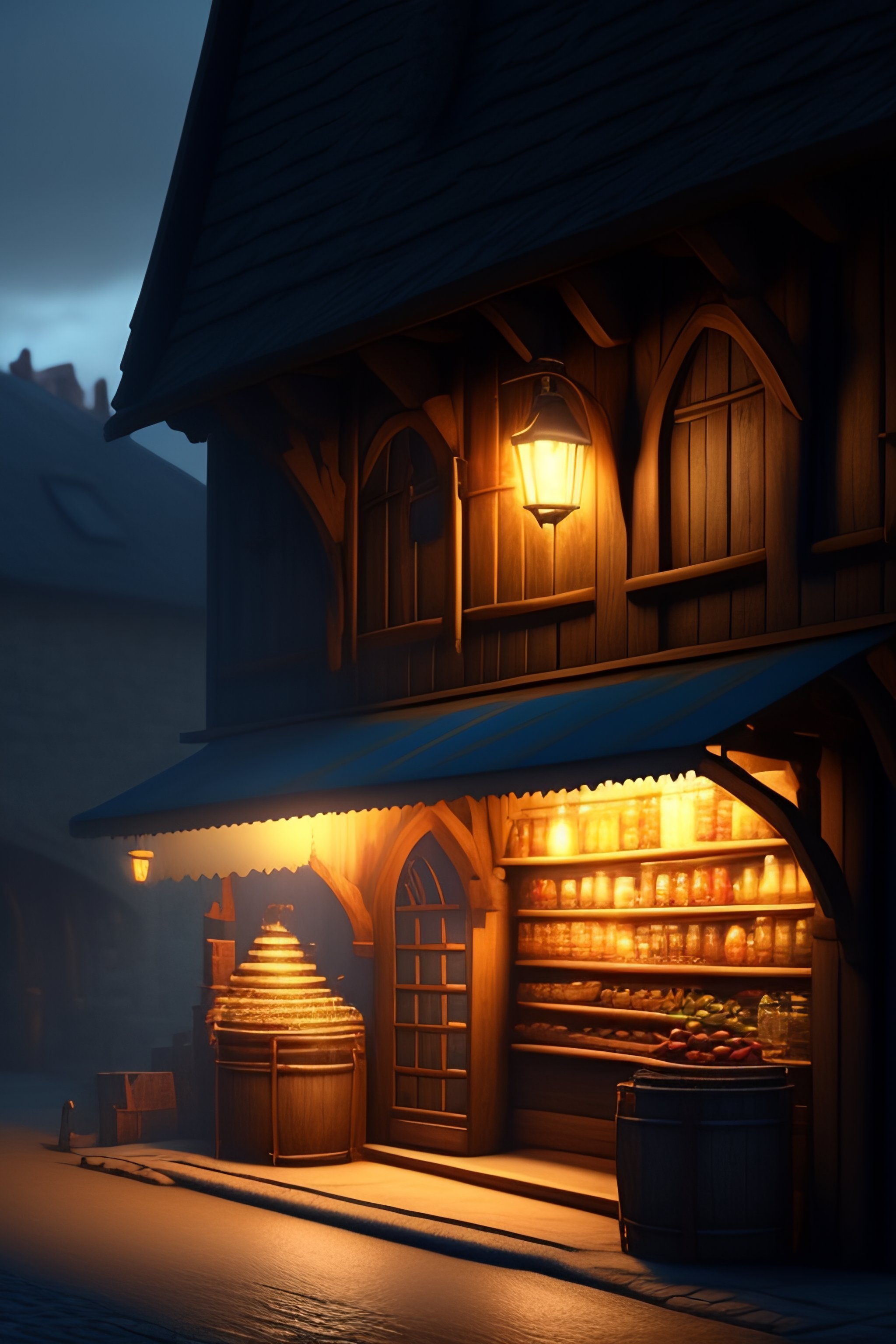 Lexica - Dimly lit medieval fantasy Merchants store, volumetric ...