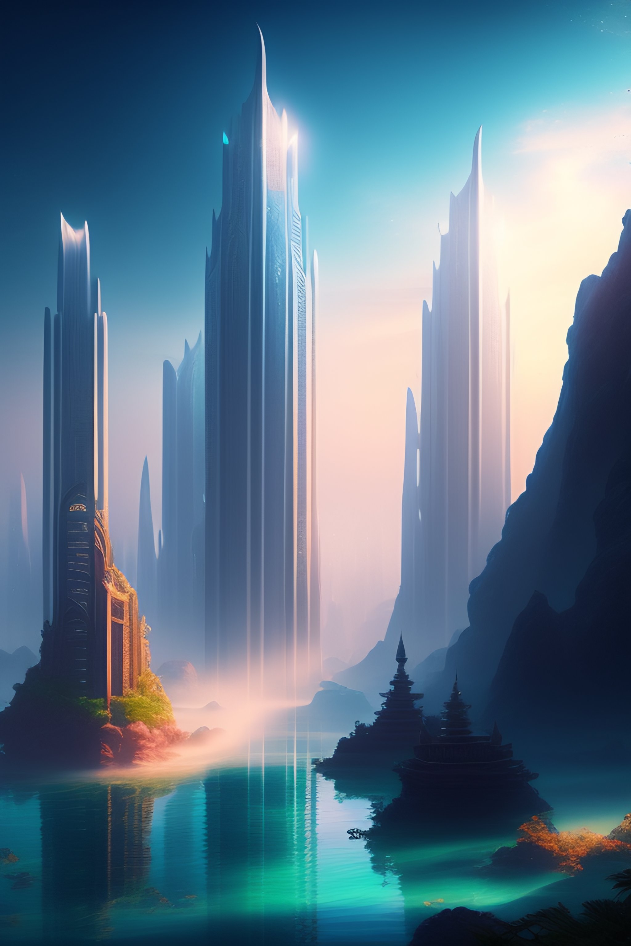 Lexica - Mystical ethereal tropical atlantis city buildings and fog