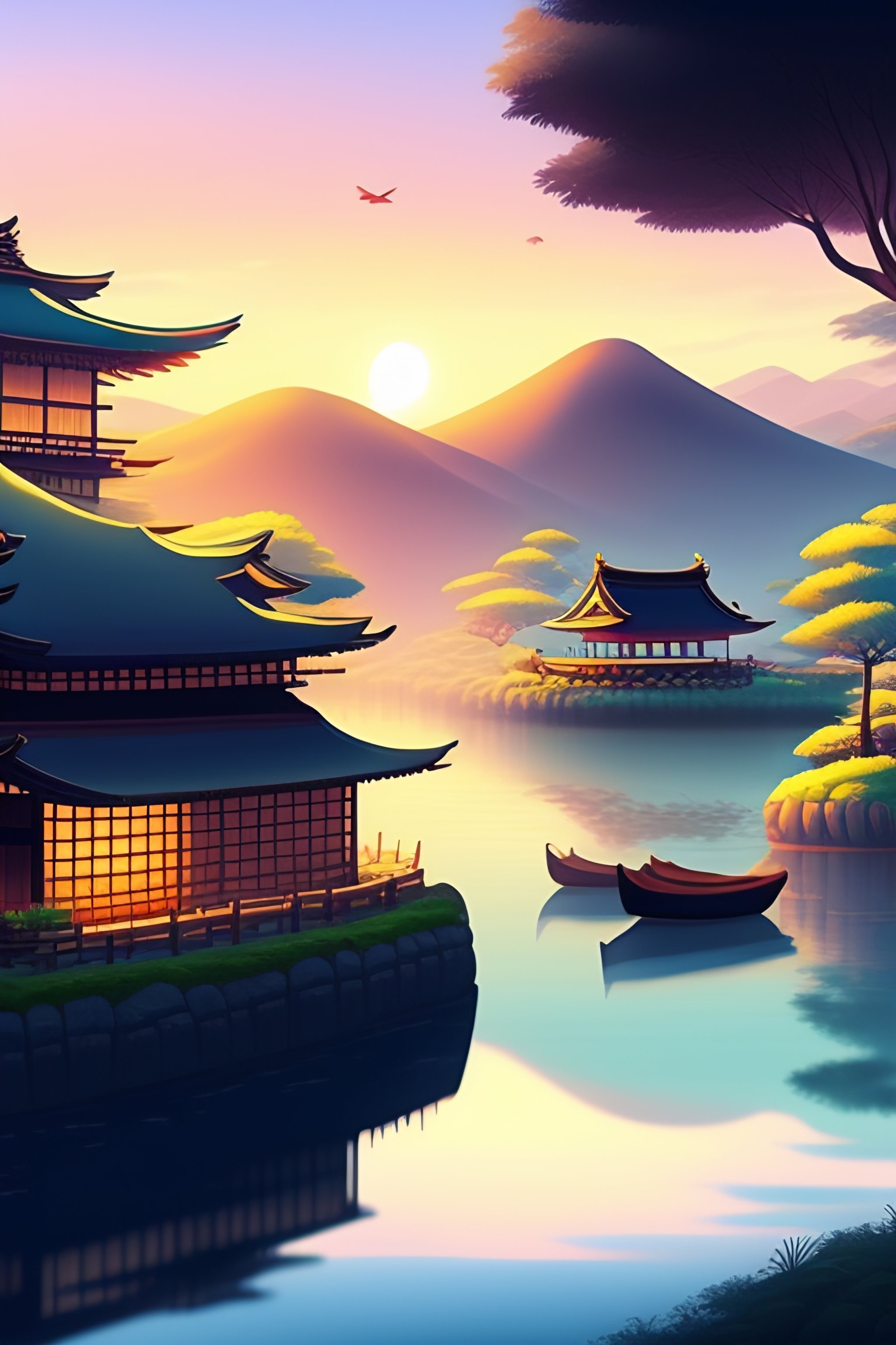 Lexica - A serene digital illustration of the sunrise, over a japanese ...