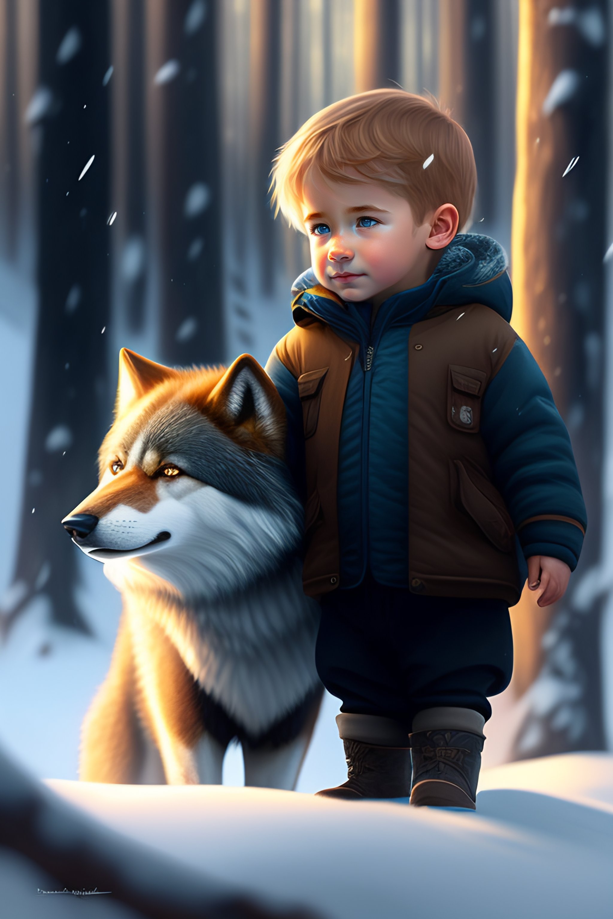 Lexica - A cinematic portrait of little boy and a big wolf with a ...