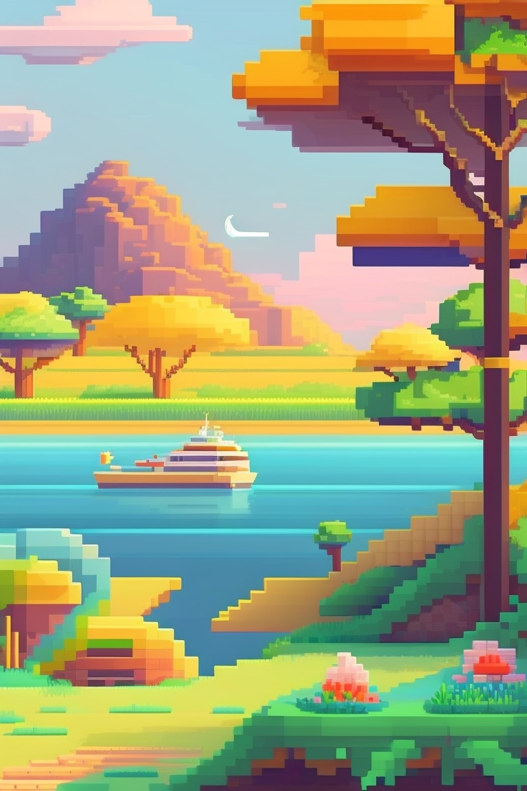 Lexica - Superb minimalism, landscape, summer, pixel art, sunny day