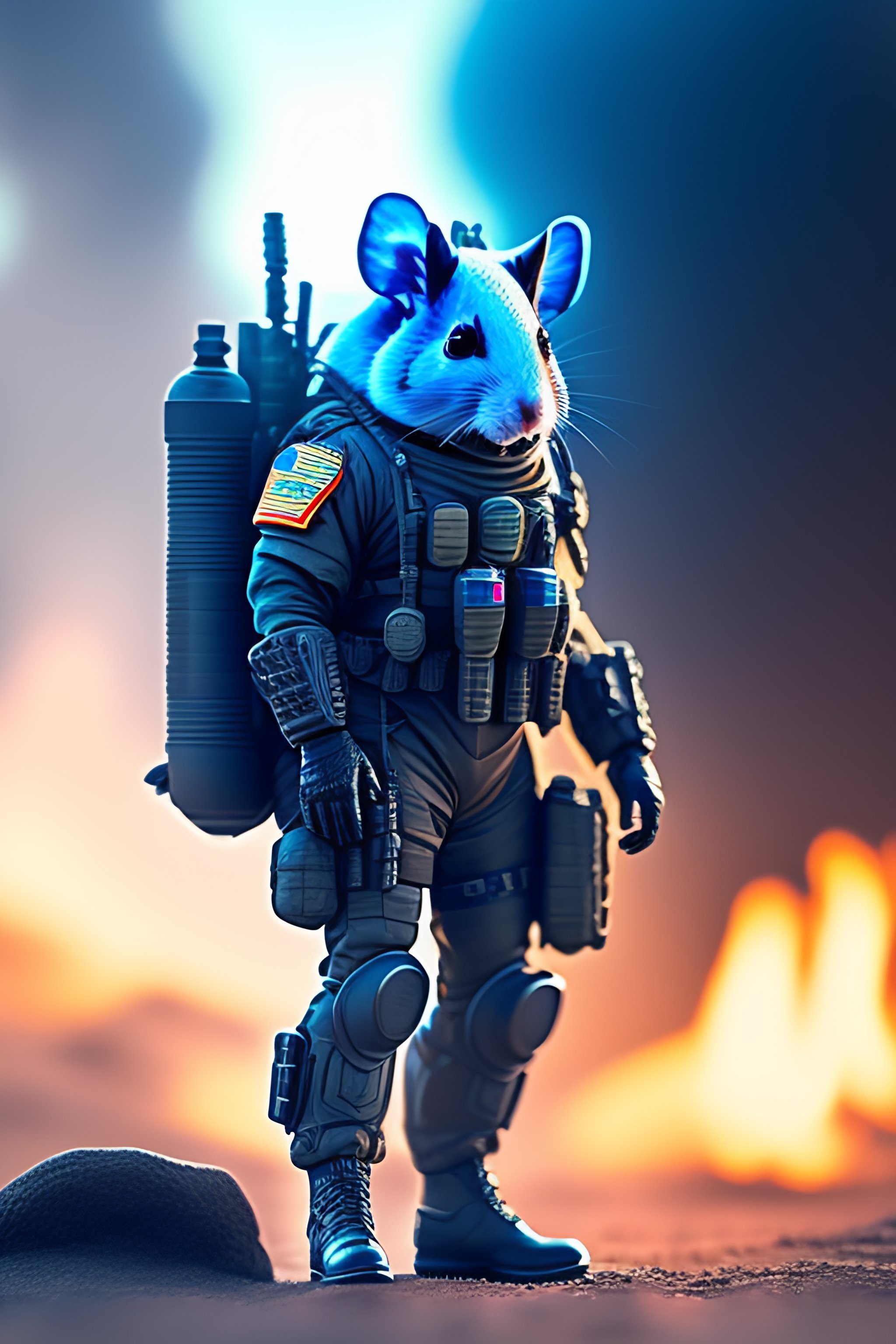 Lexica - Anthropomorphic blue hamster cyber warrior in a burnt land ...