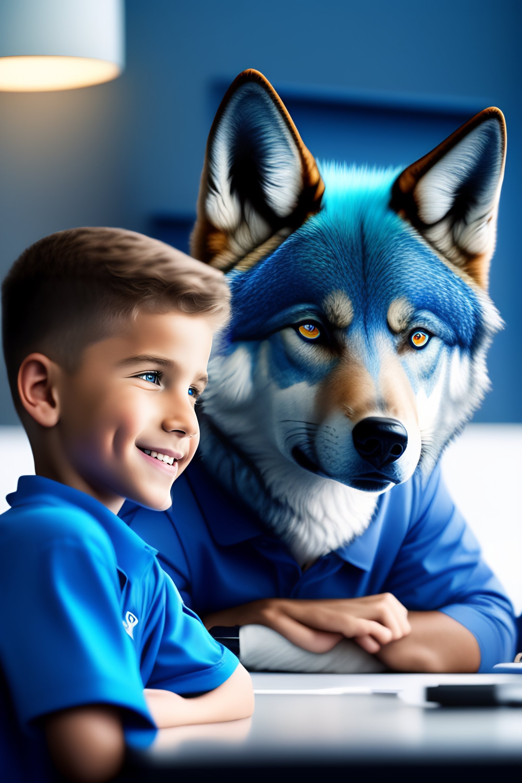 Lexica - A boy with a blue wolf face smiling while in his office