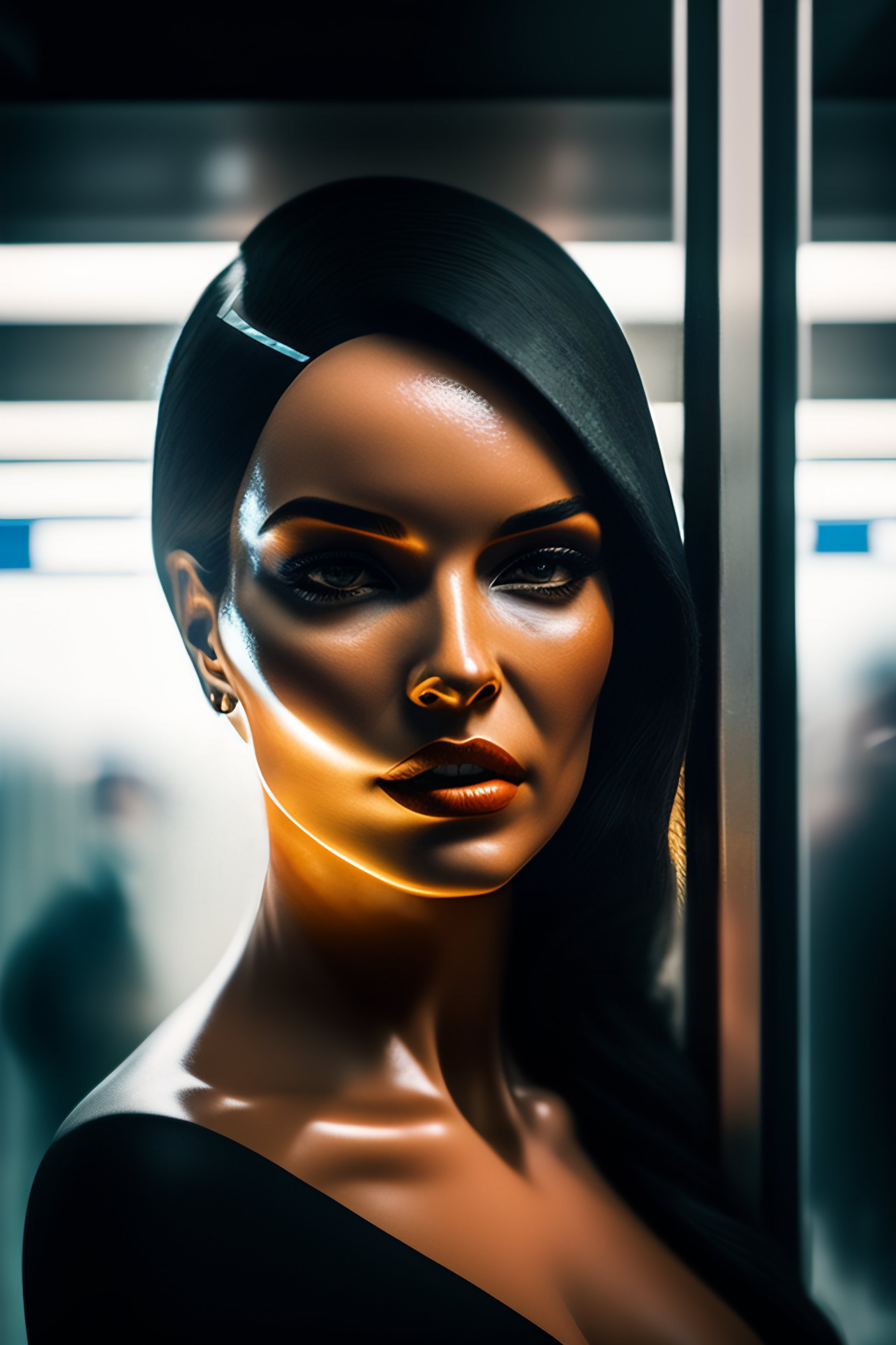 Lexica - Face of a Alien woman in glass statue , in a subway , disortion