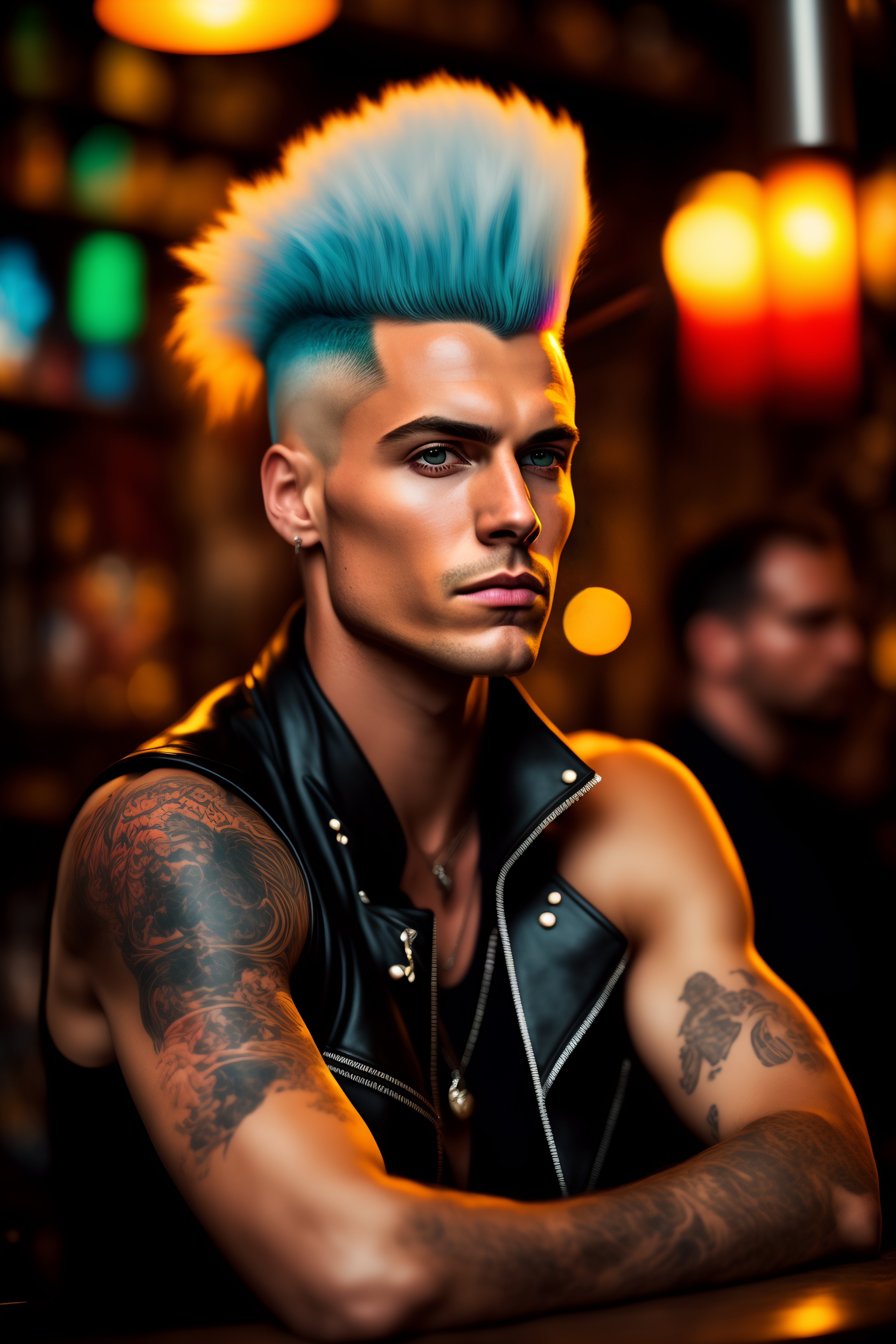 Lexica - Portrait of a punk rocker sitting in a bar, mohawk haircut, photo