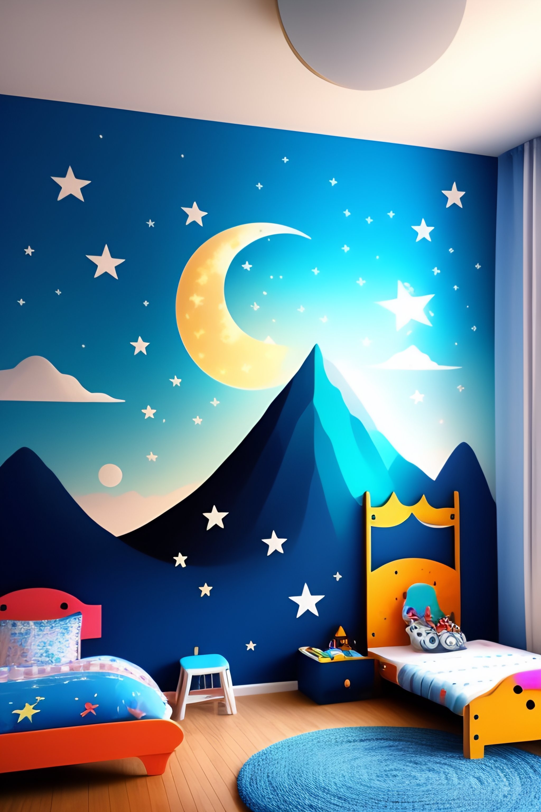 Lexica - Kids room wall painting of mountain with a half moon and stars ...