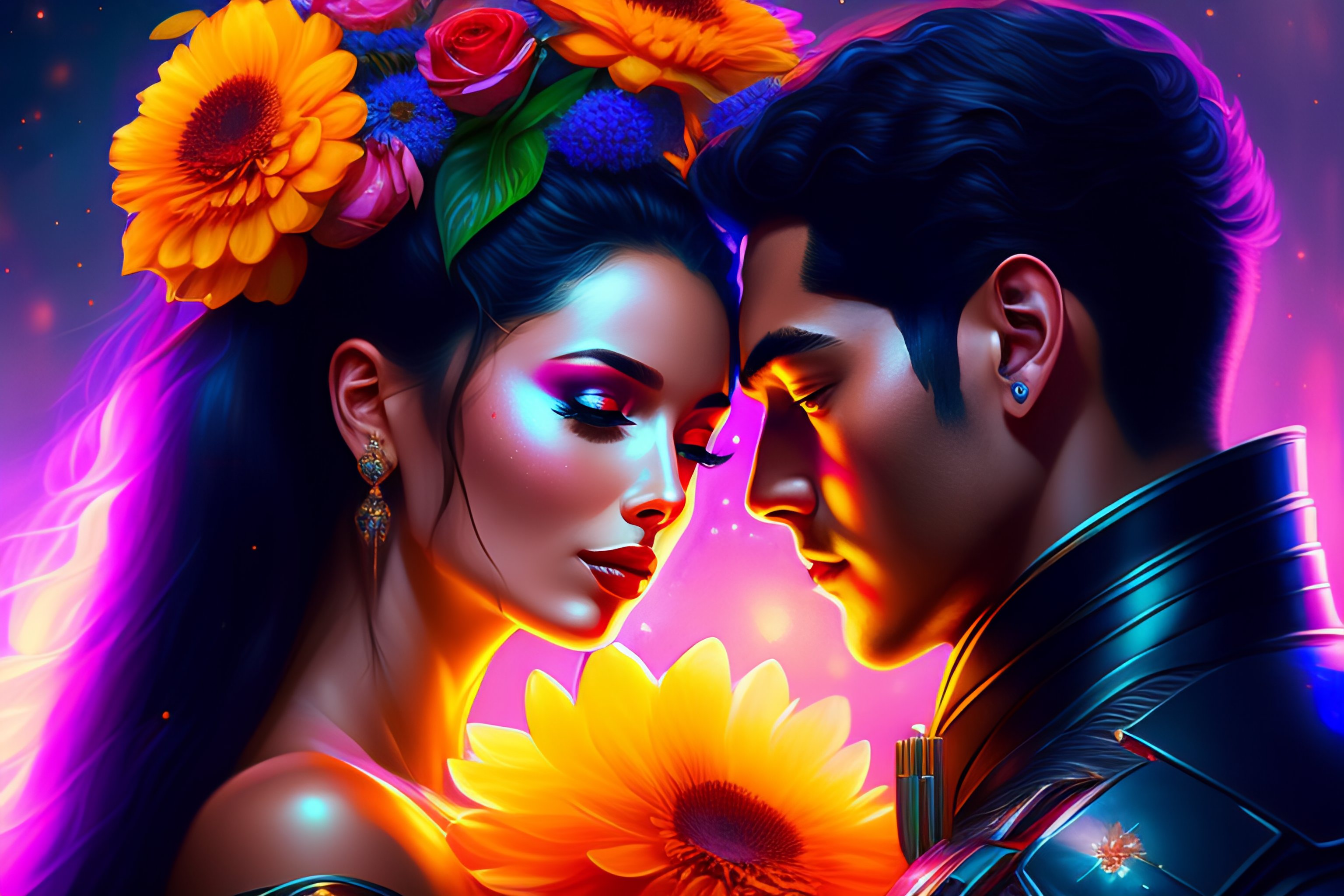 Lexica - An android man gives a bouquet of flowers to a beautiful human ...