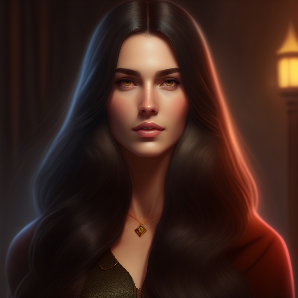 Lexica - Suspense character, female, with a mysterious look, long dark hair