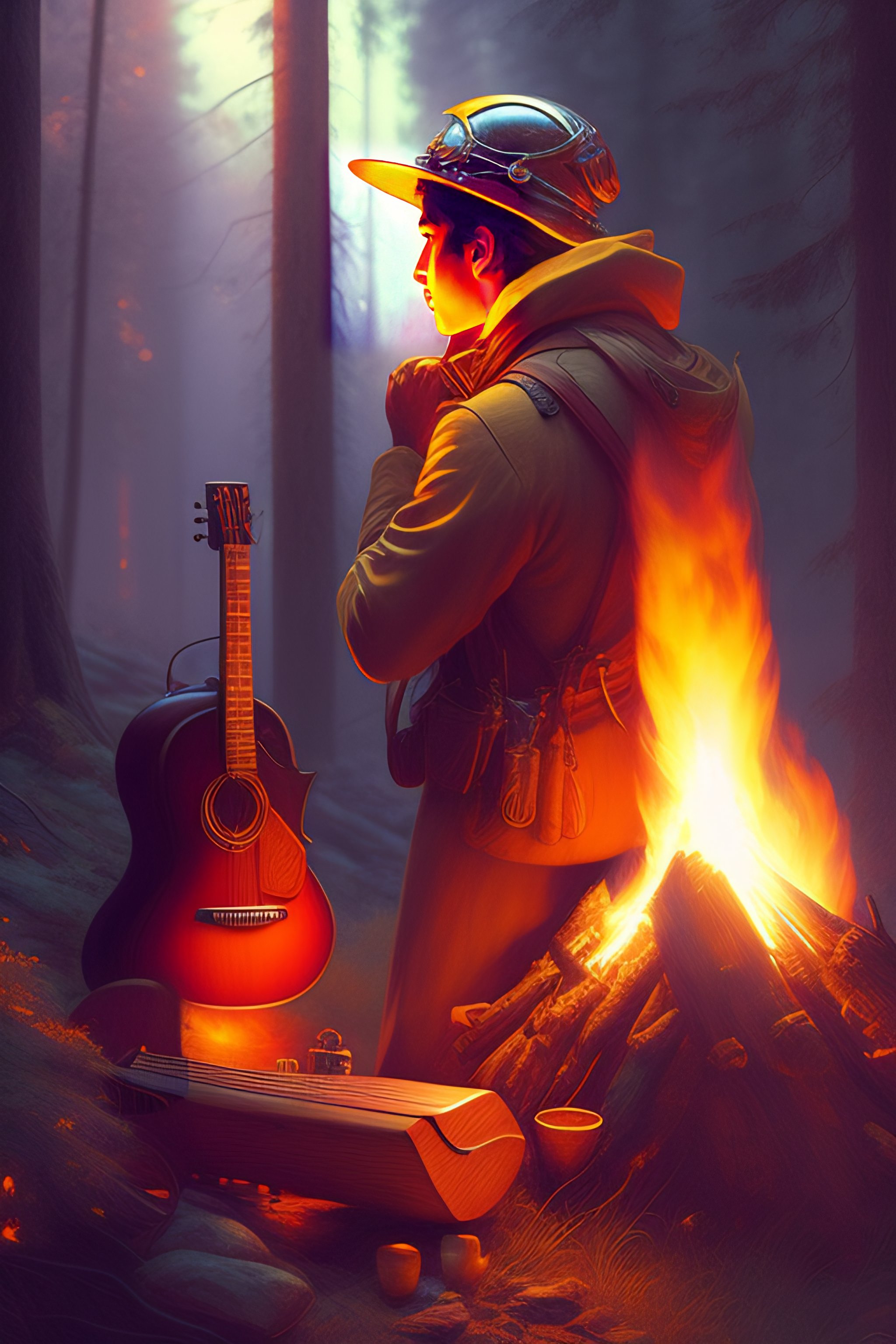 Lexica - Engineer with yellow helmet plays a guitar near campfire ...