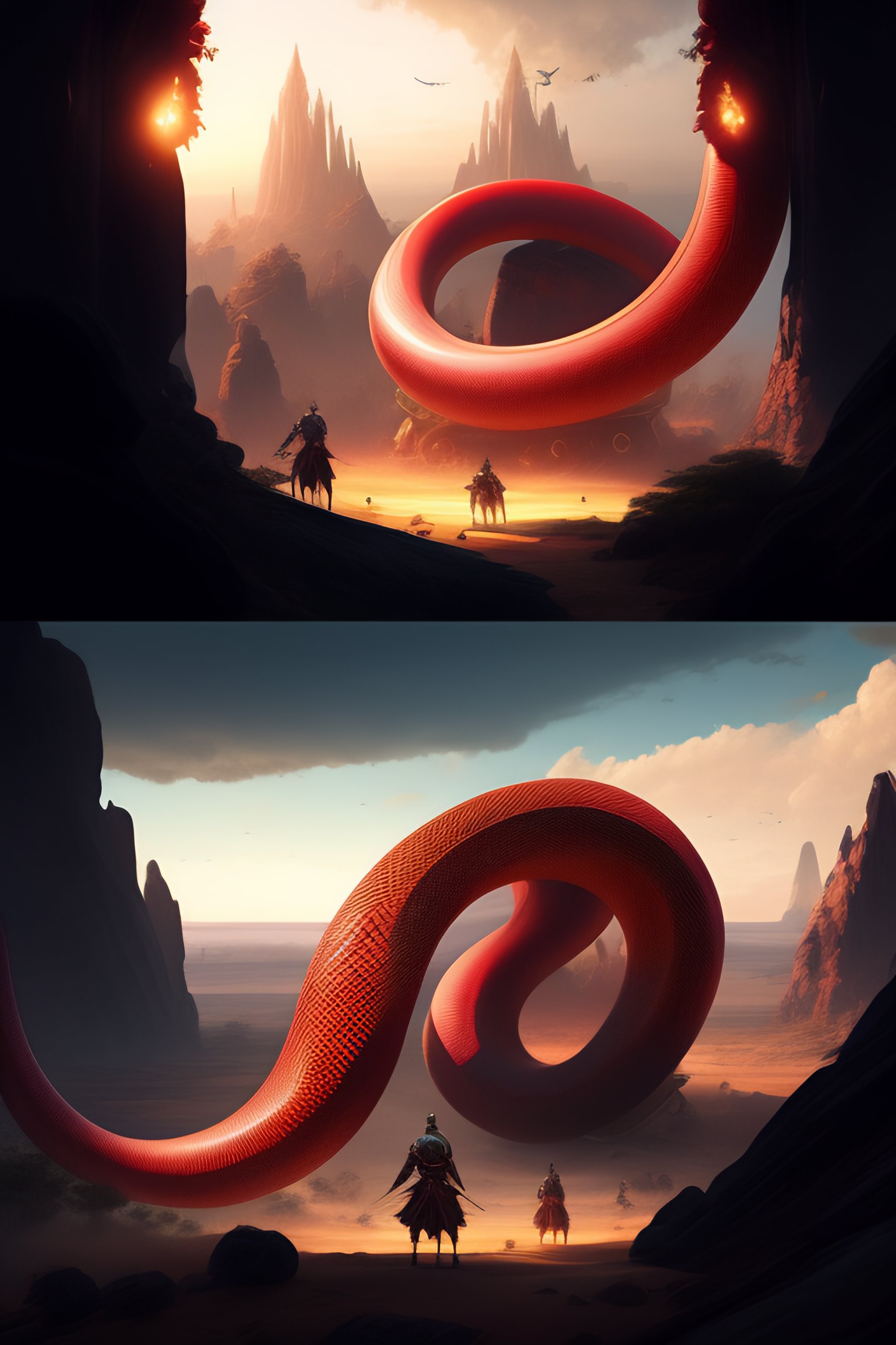 Lexica - Two African warriors with backs to camera fight a giant red ...