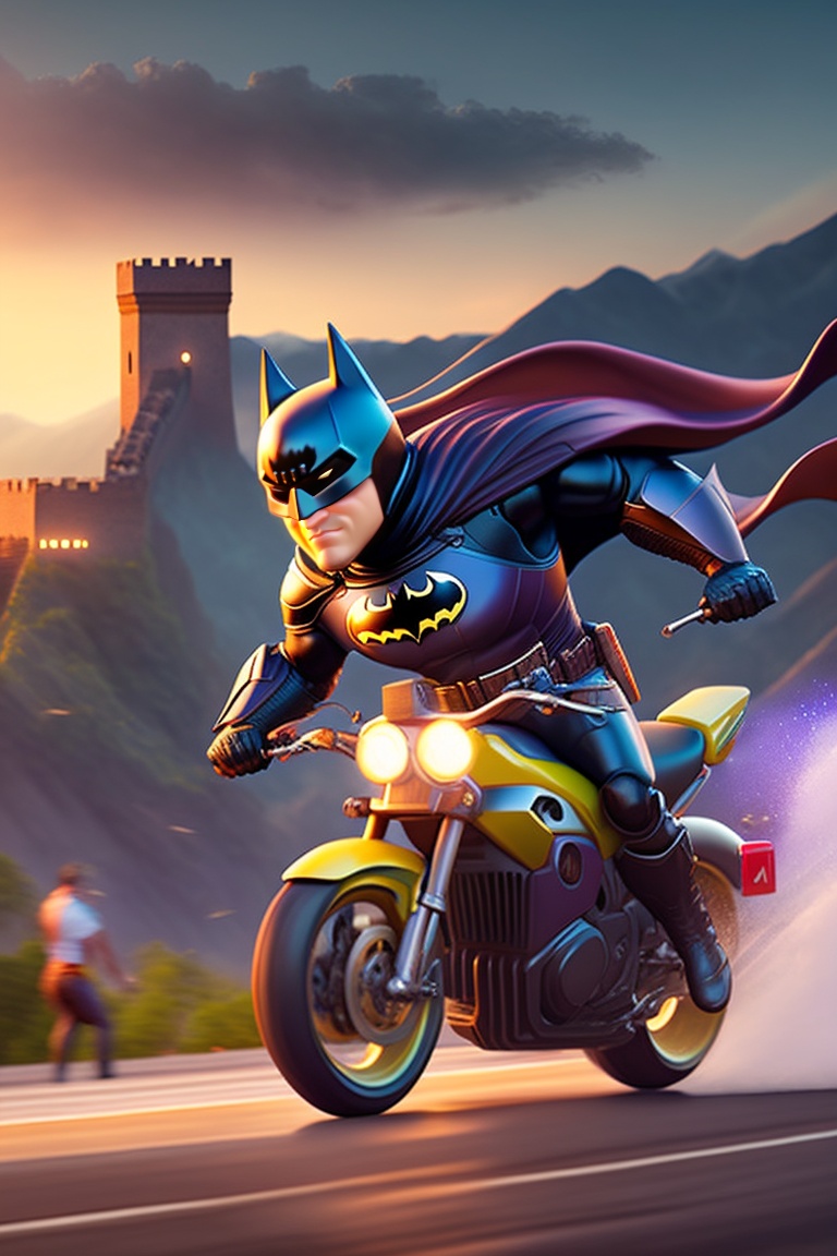 Lexica - An action scene of Batman riding a motorcycle, on the great ...