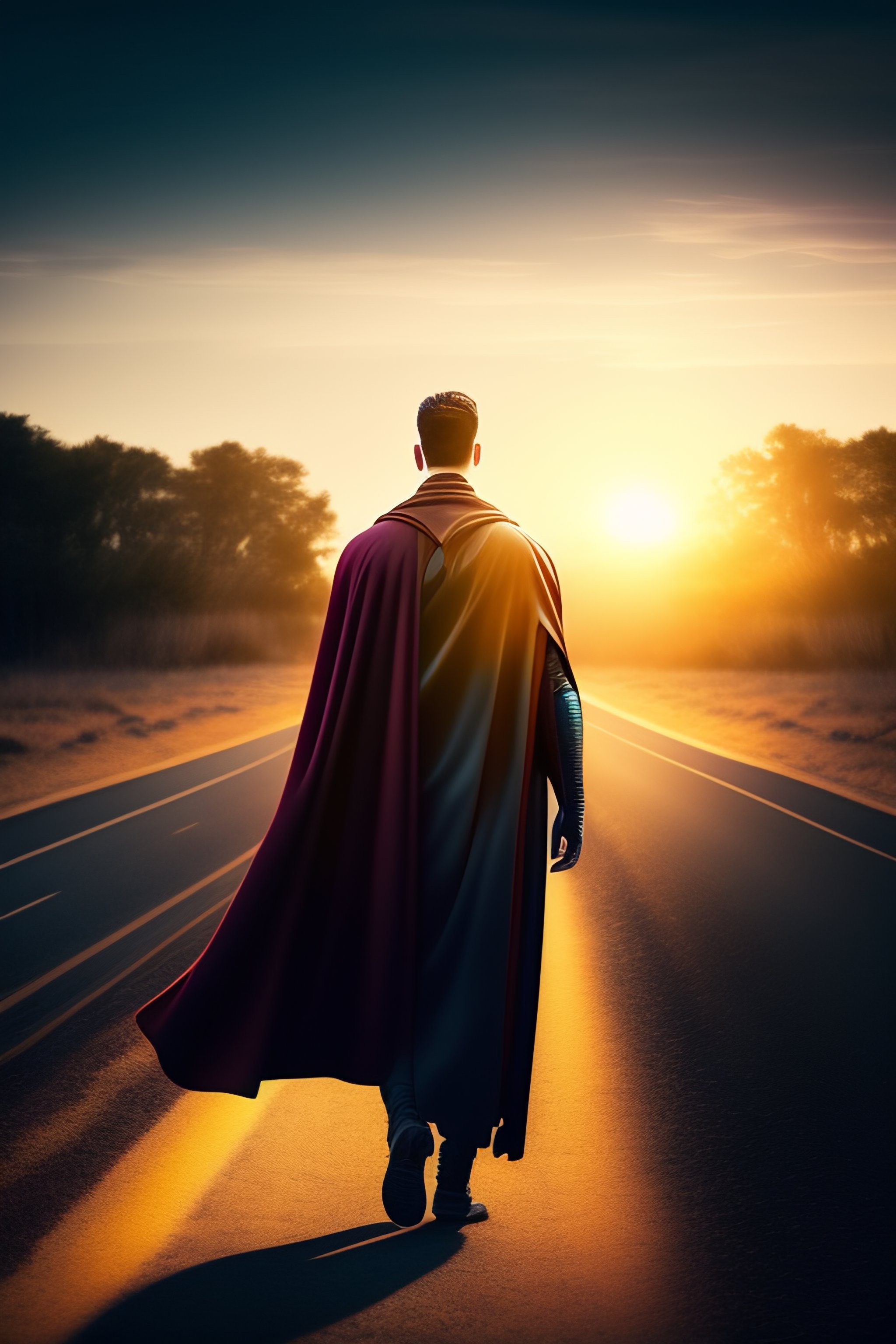 Lexica - Photo from the back of a superhero wearing a cape walking on a ...