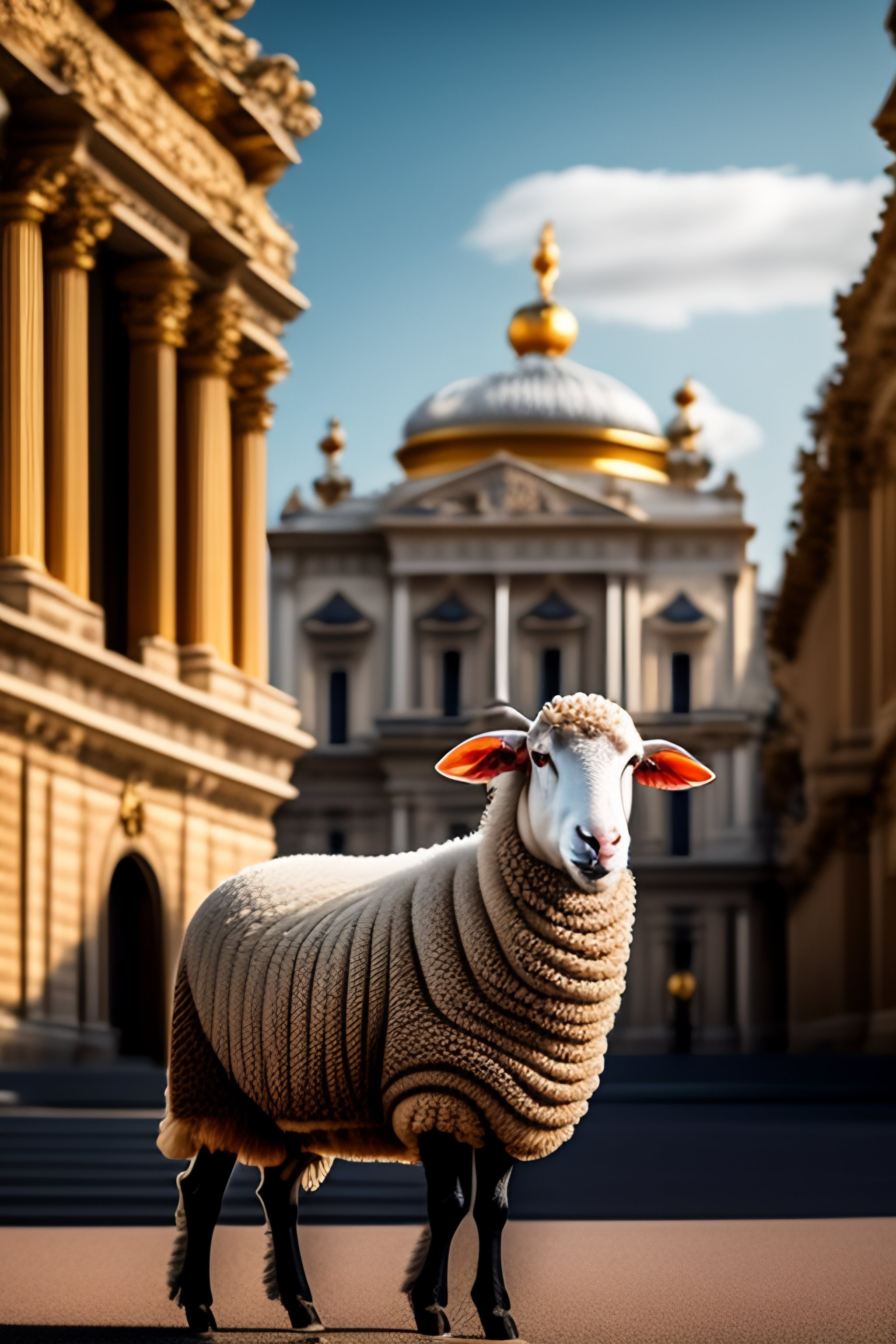 Lexica - Sheep in baroque armor in front of palace made of wool