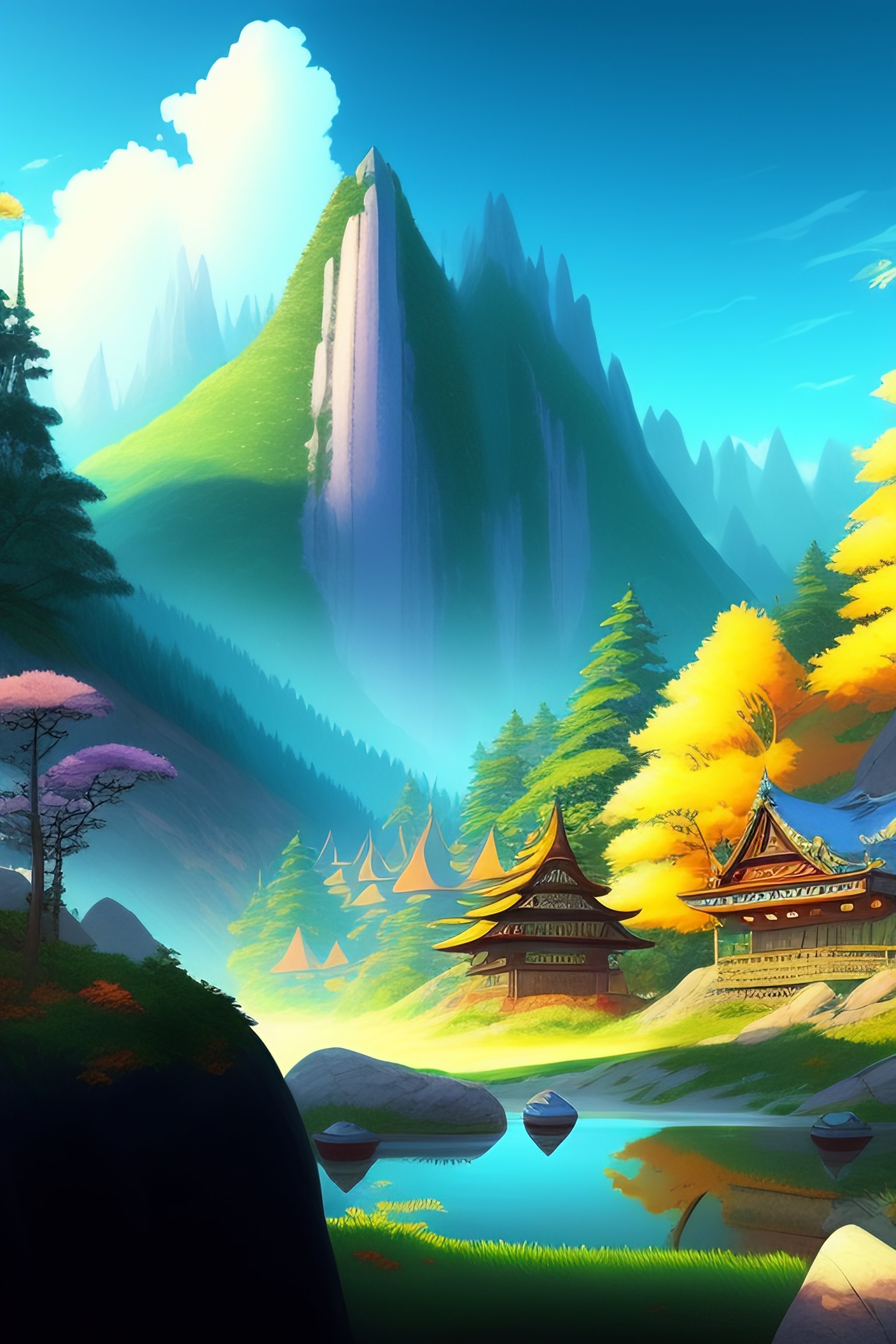 Lexica - Mountain overseeing fantasy village next to a forest, studio ...