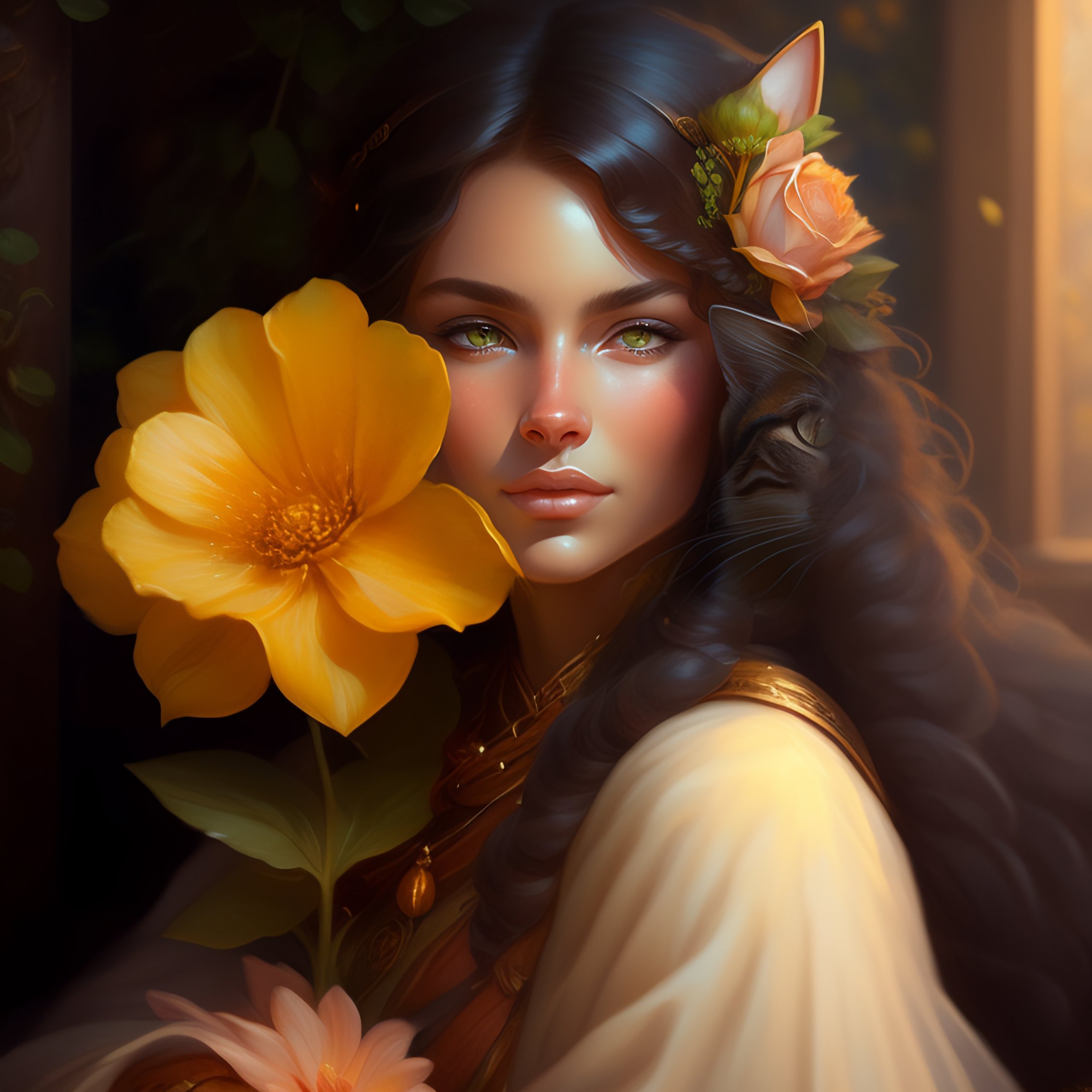 Lexica - A detailed portrait of cat holding flower illustrator, by ...