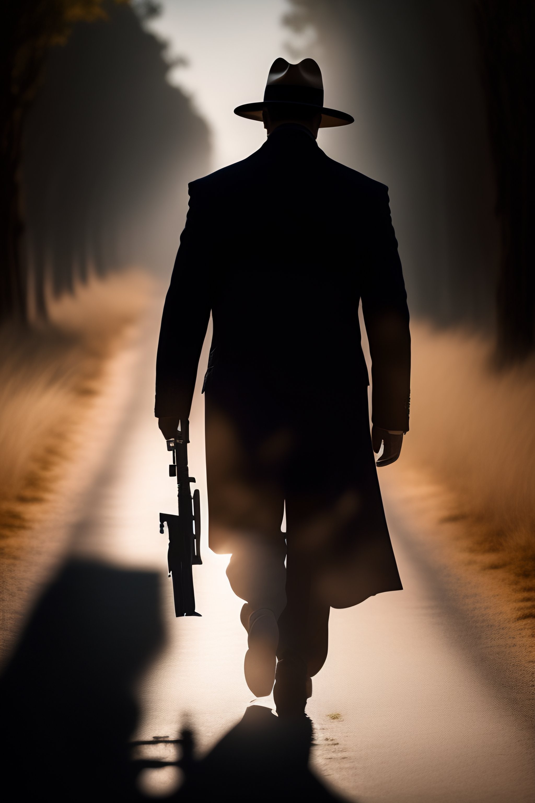 Lexica - Shadow of a man walking with a tommy gun over his shoulder,