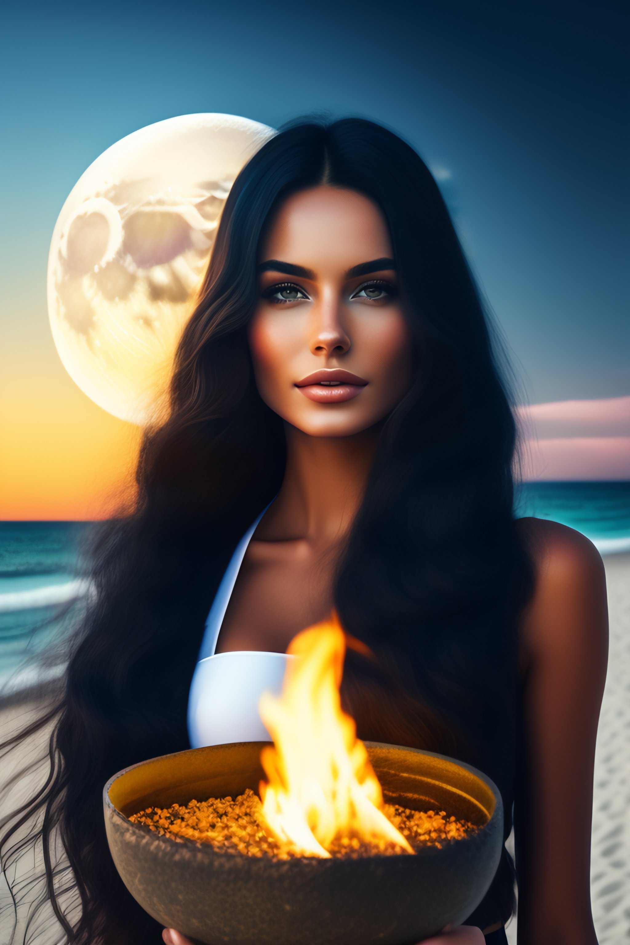 Lexica - Beautiful realistic girl with long black hair. white sand ...