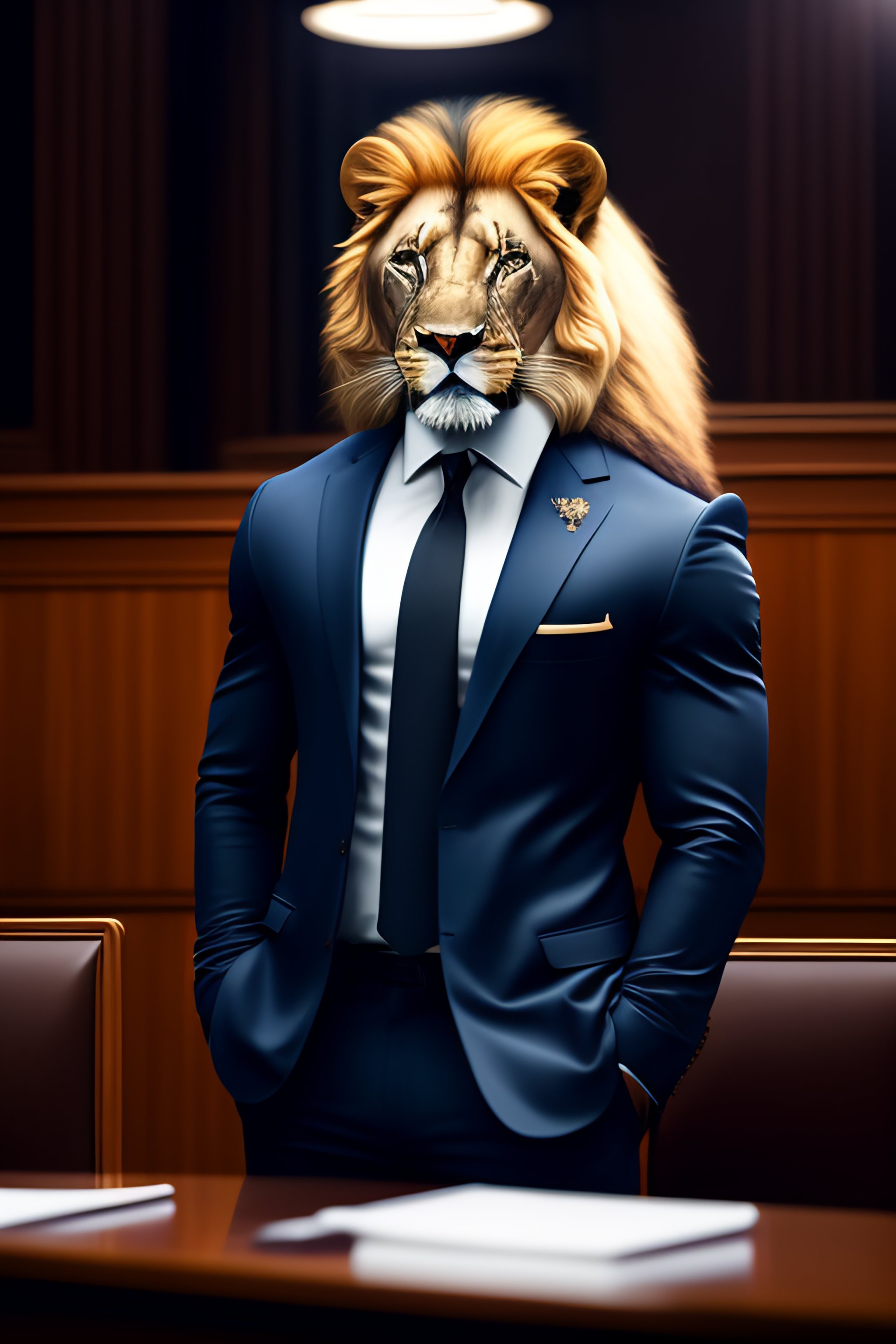 Lexica - Award-winning photo of a lion lawyer standing in court, navy ...