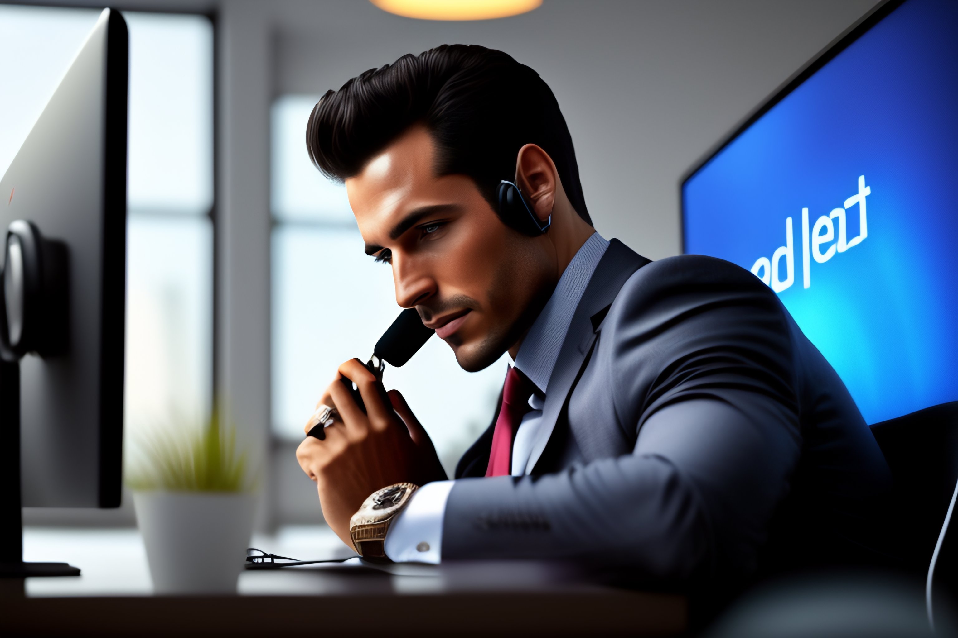 Lexica - Real photo of a salesman calling a client at the office