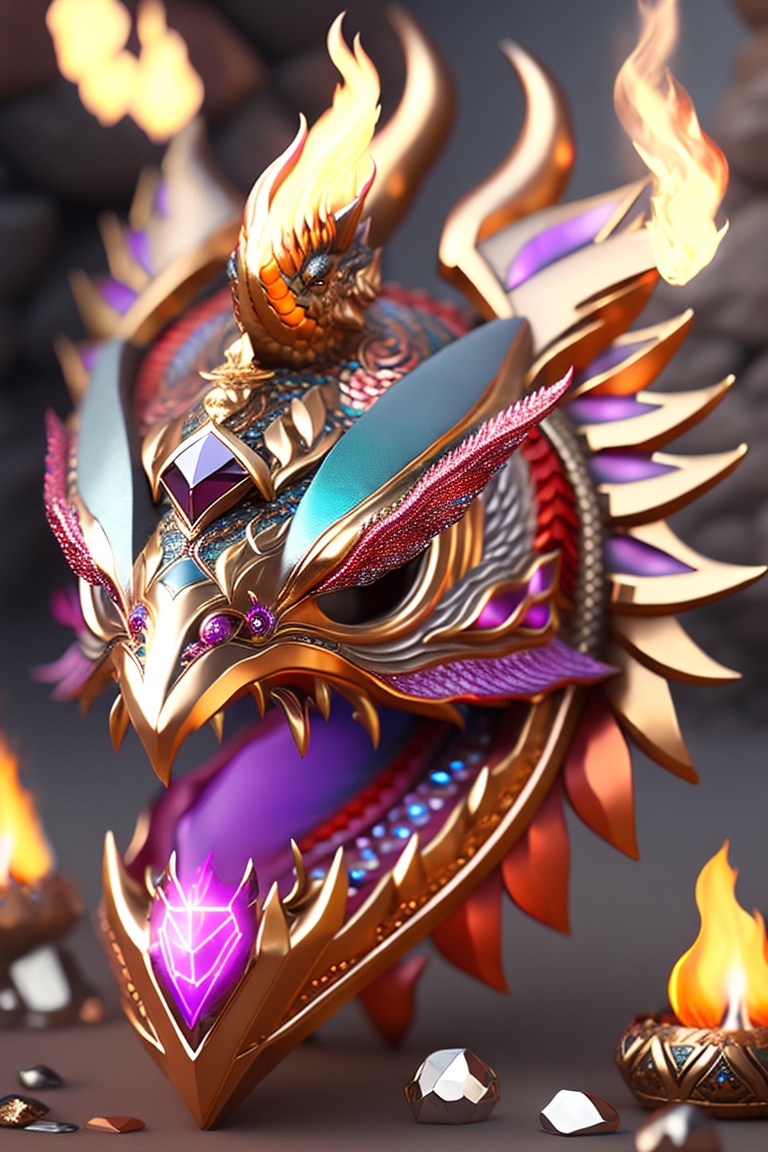 Lexica - Dragon mask with precious gems and surrounded by fire. In the ...
