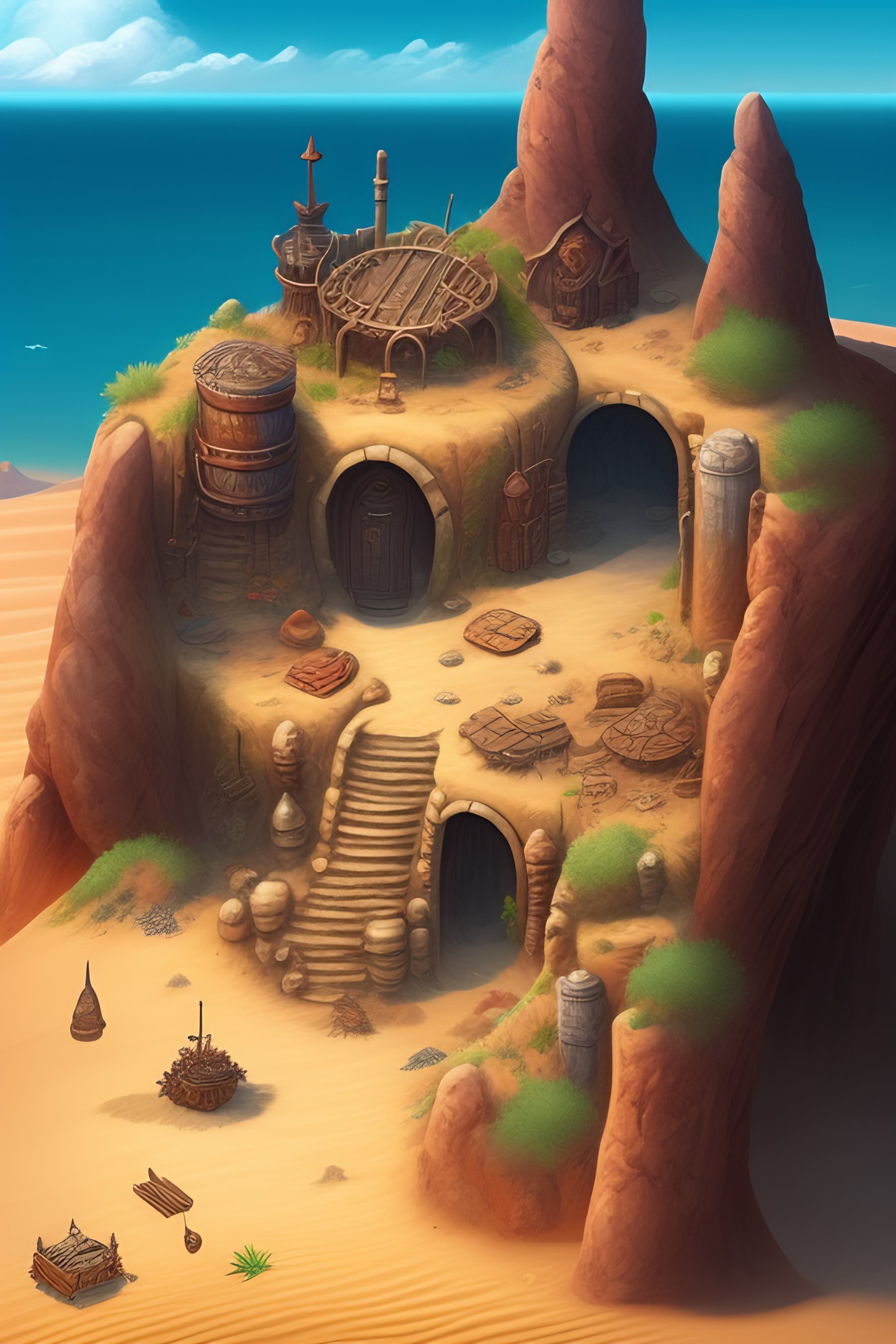 Lexica - An illustrated fantasy map of a small outpost. sand desert ...