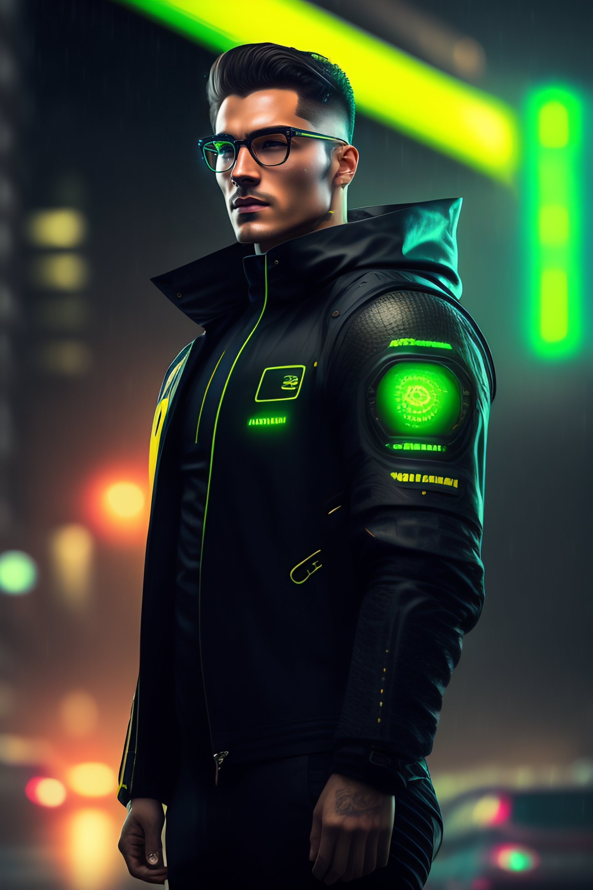 Lexica - Man with undercut hair in black tech suit charming with yellow ...