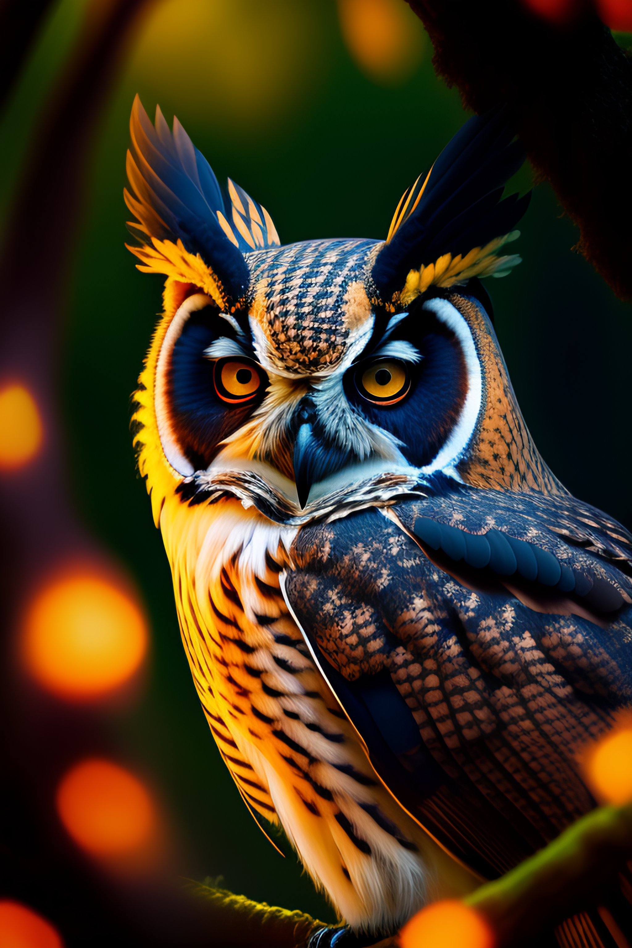 Lexica - Horned owl with a lychee-like skin, fierce eyes, nestled in a ...