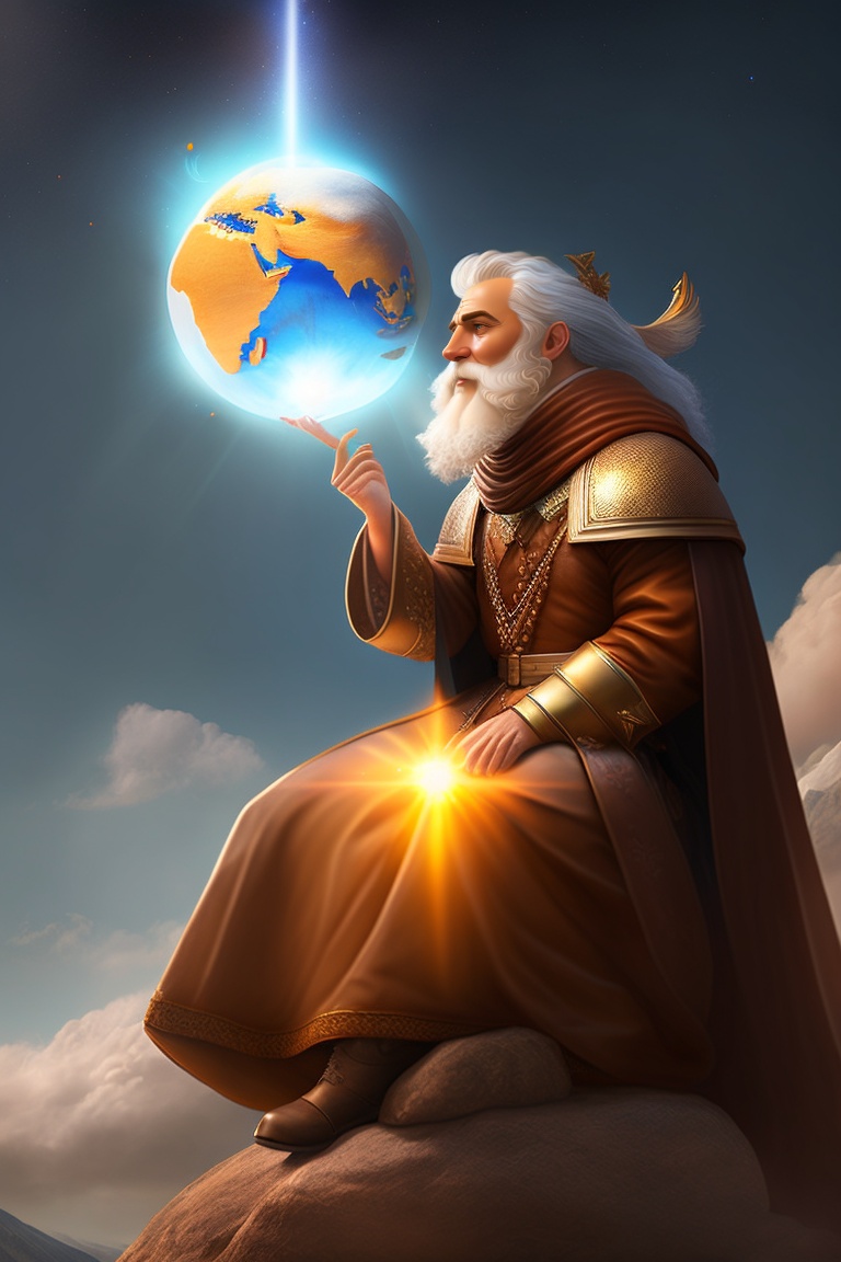 Lexica - A brown skind wizard, sitting on a cloud, holding the earth in ...