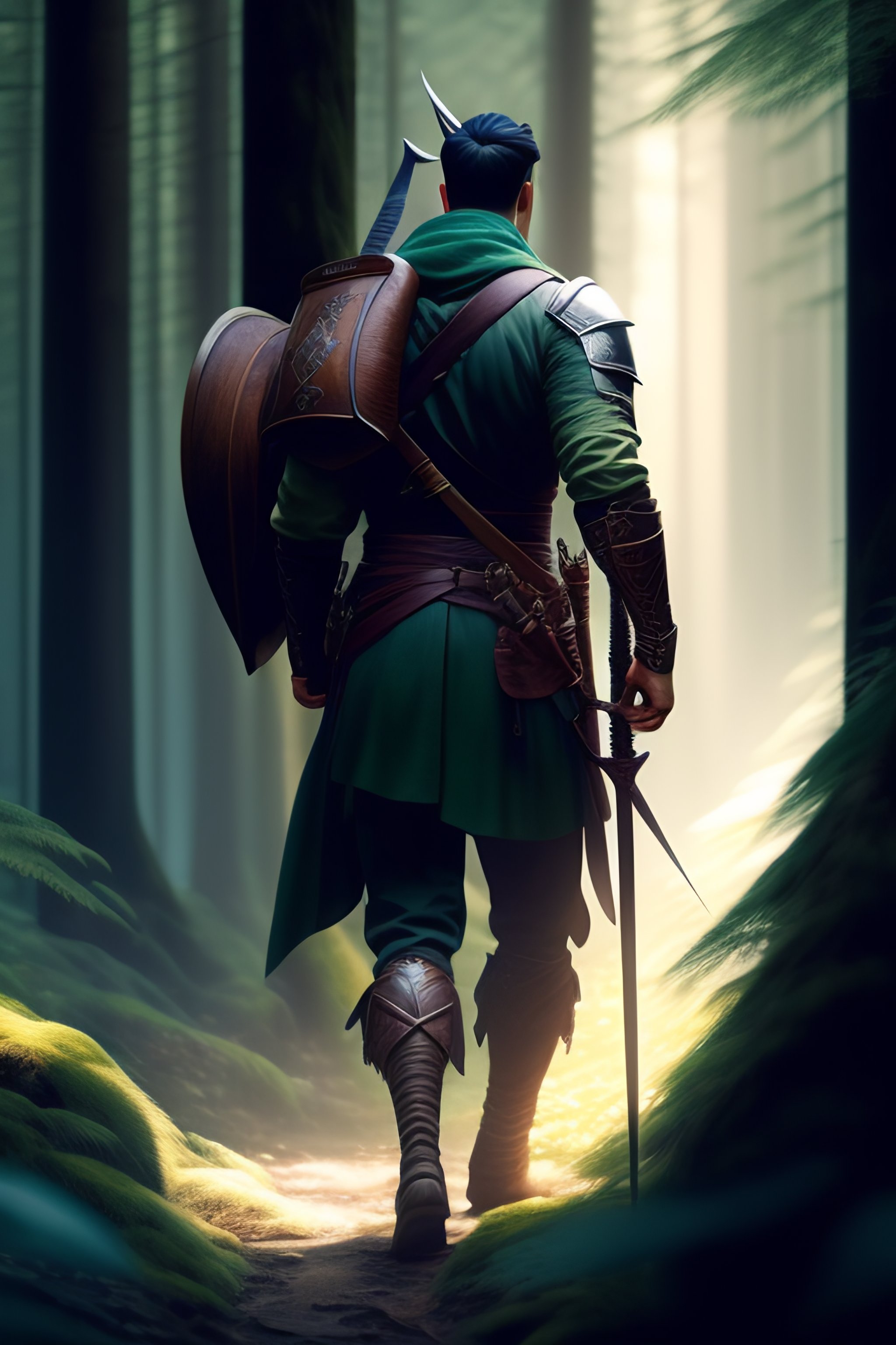 Lexica - A ranger, sword and bow in hand, entering a forest clearing ...