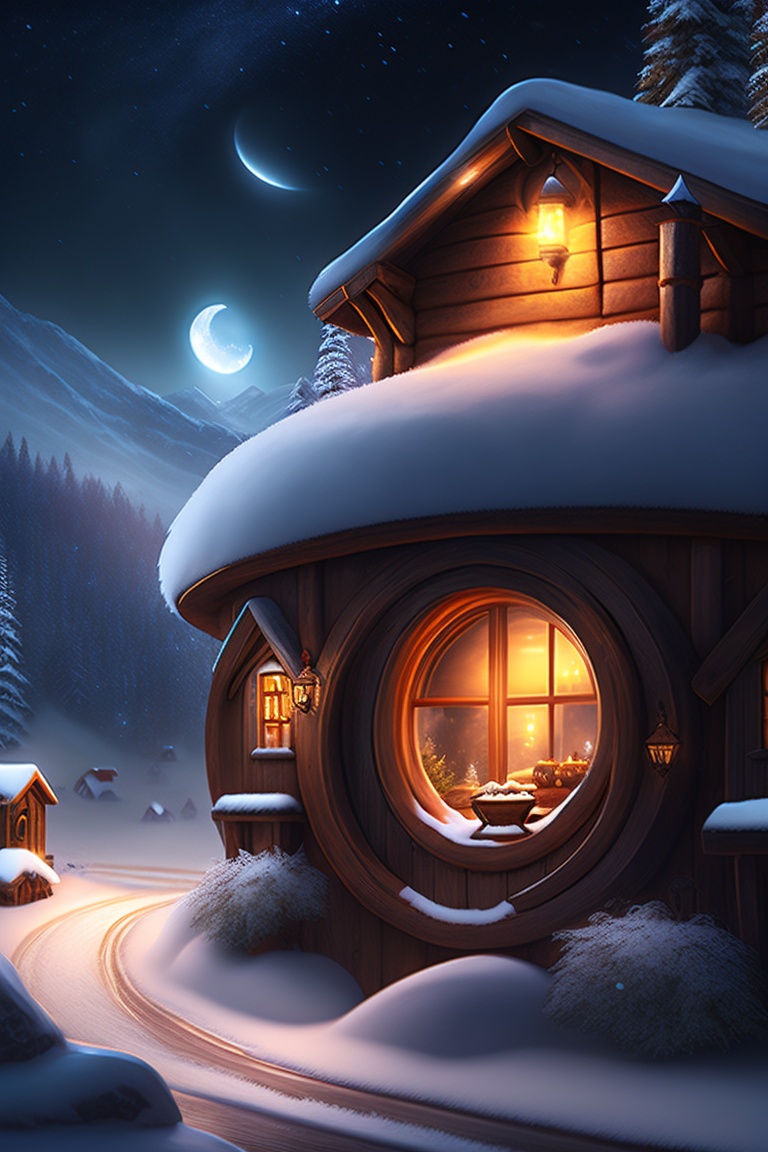 Lexica - A hobbit village with many home in winter with snow, at night ...