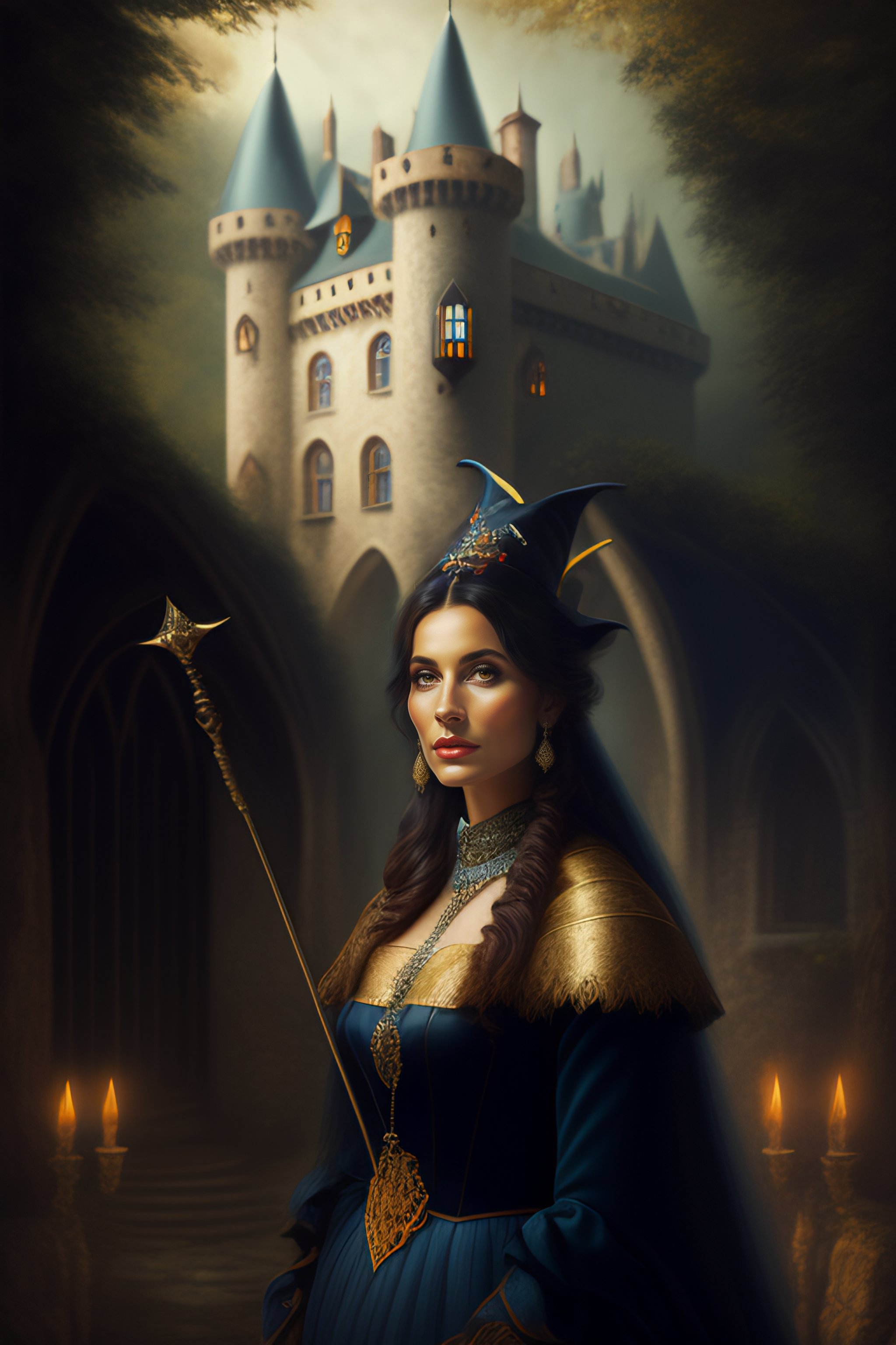 Lexica - Portrait of a witch with a dazzling gaze in a castle